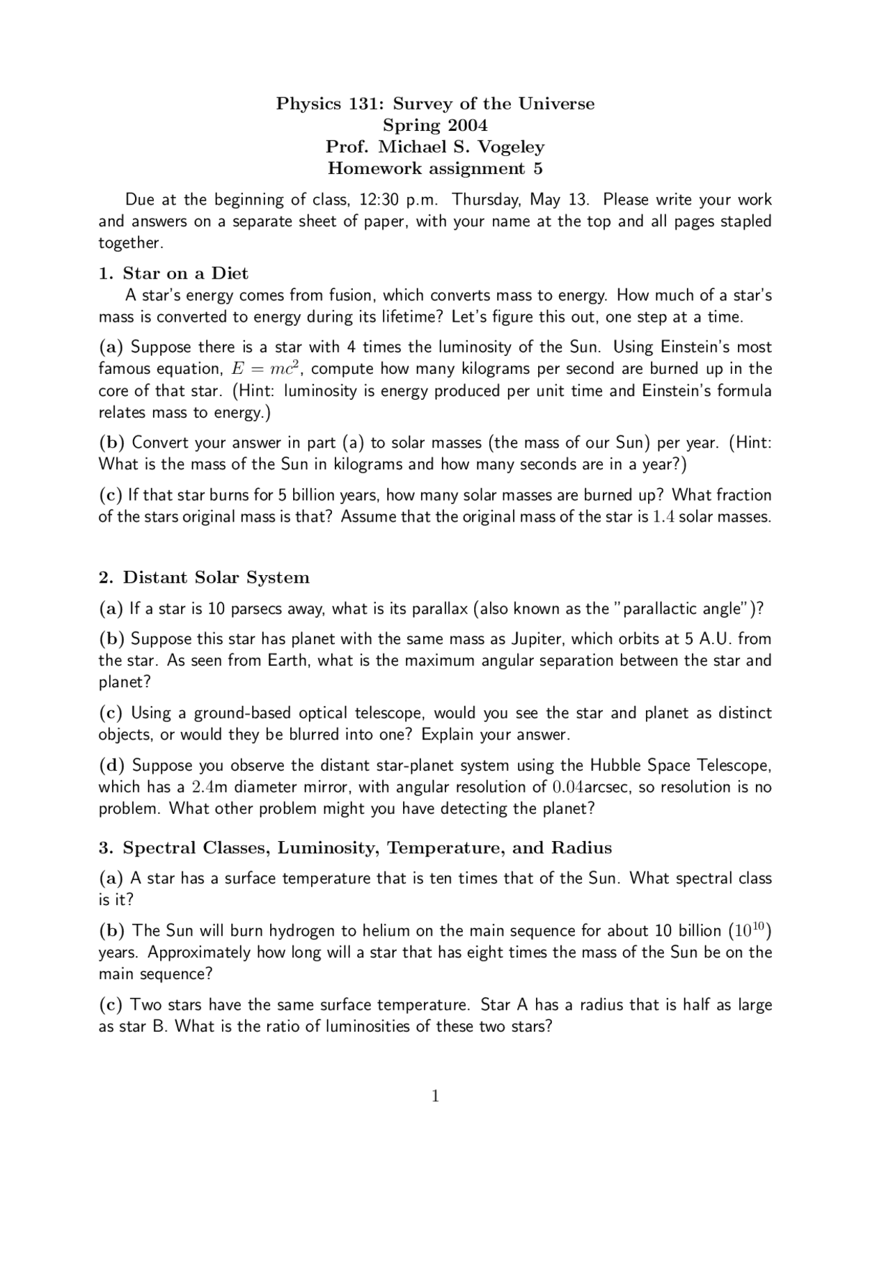 Introduction To Survey Of The Universe Homework 5 Phys 131 Docsity