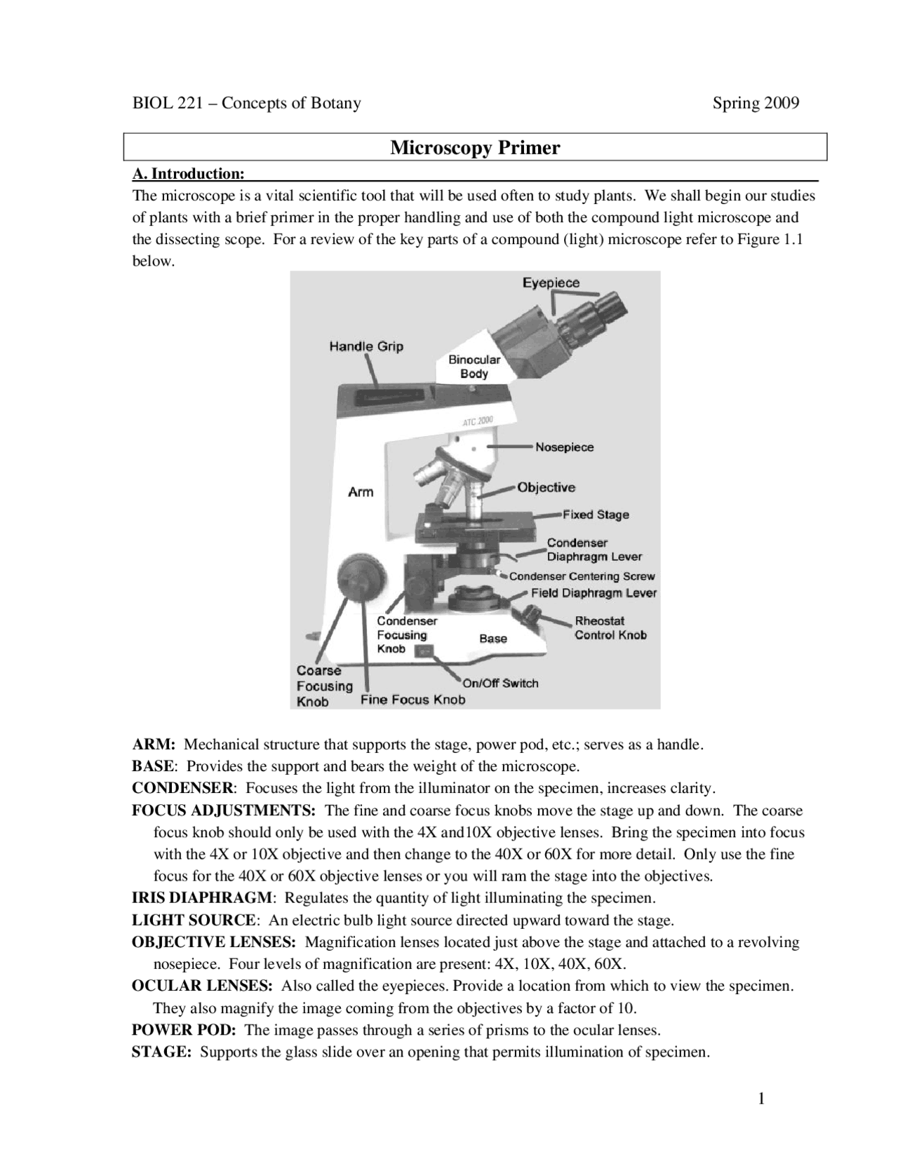 Notes On Microscopy Primer Concepts Of Botany Biol 221 Docsity