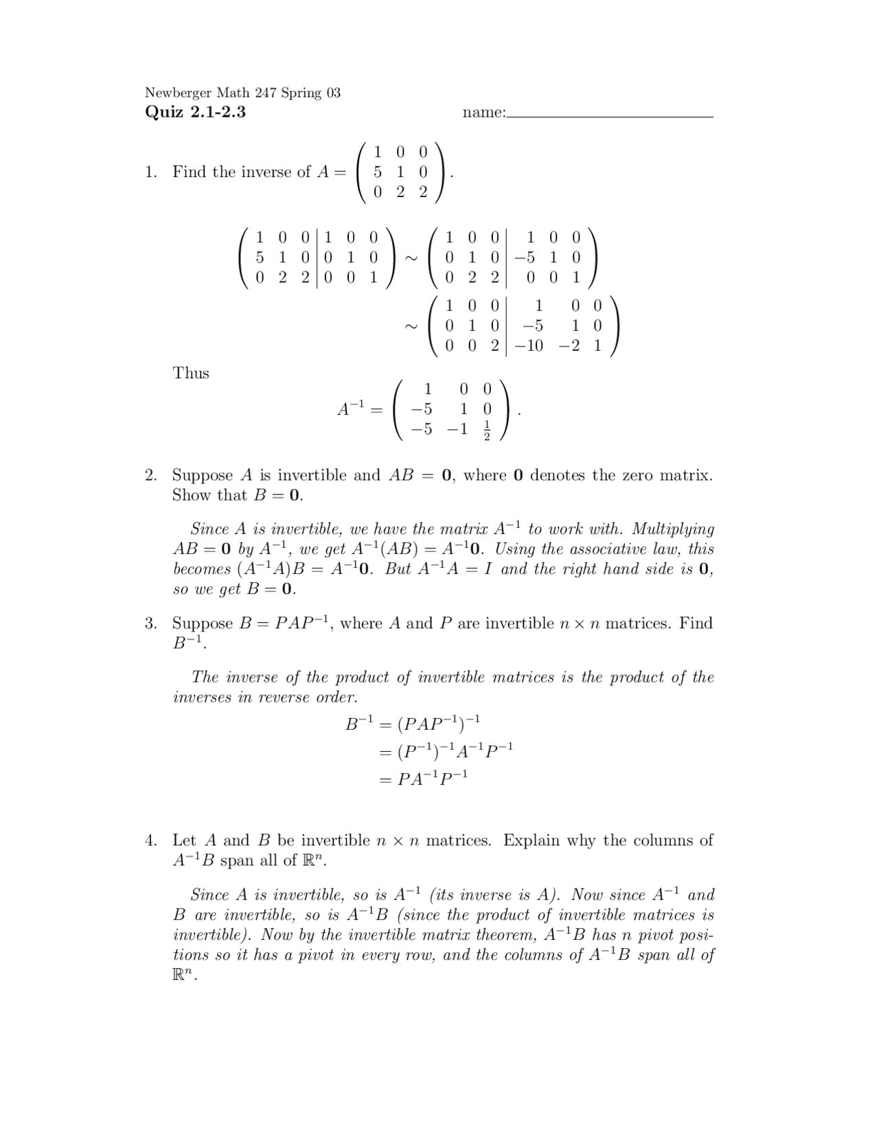 Quiz 6 Questions With Answer Introduction Linear Algebra Math 247