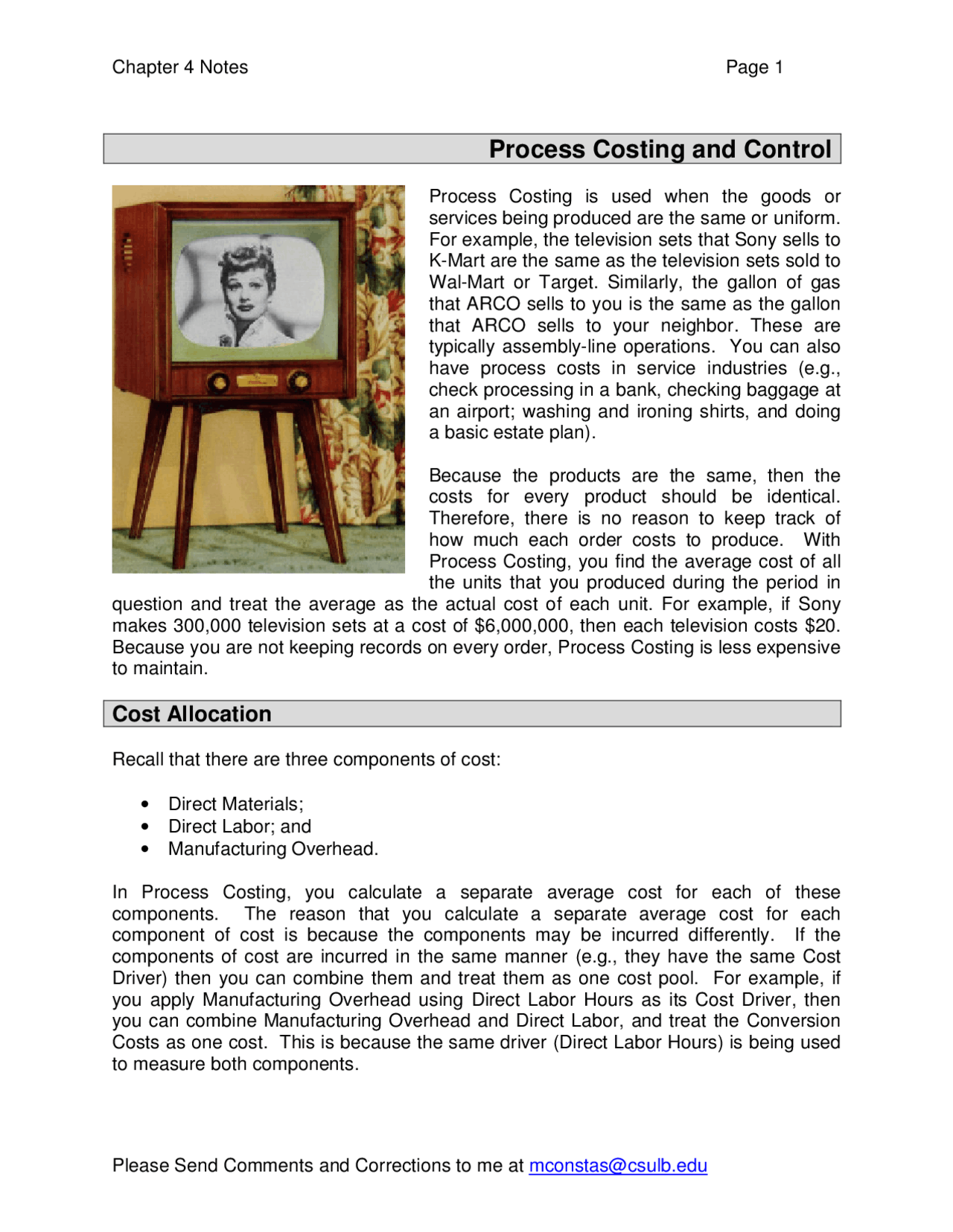 Notes On Process Casting And Control Cost Accounting For Managers