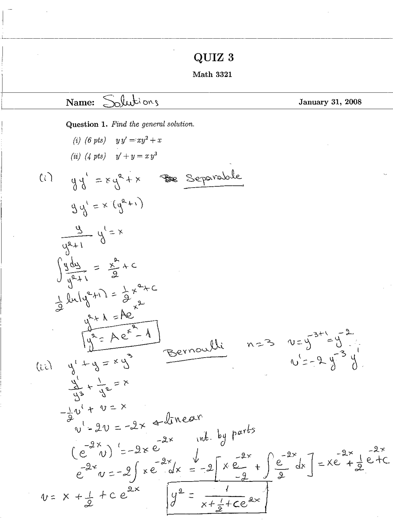 Engineering Mathematics Exam 3 Solutions Fall 2008 Math 3321