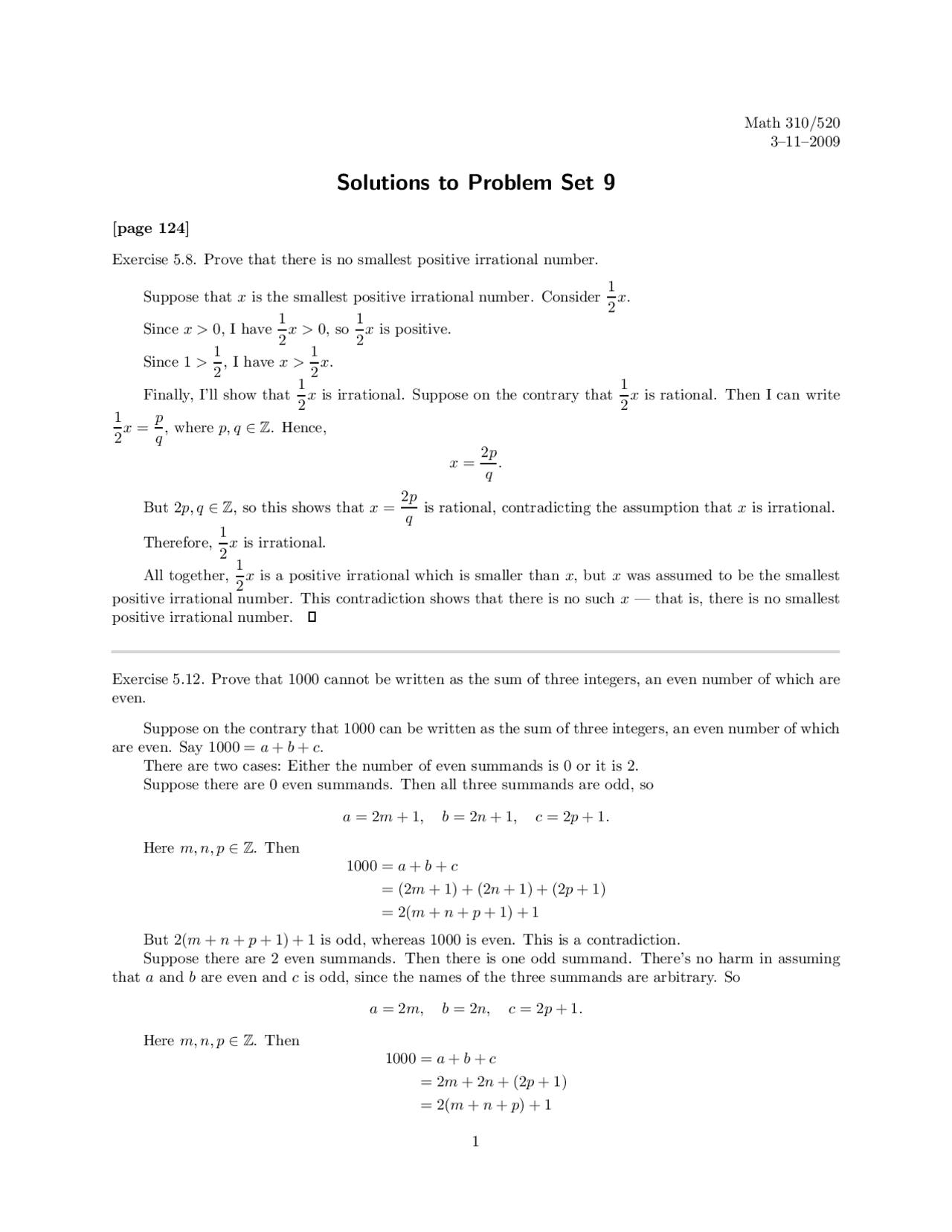 Solutions For Problem Set 9 Introduction To Mathematical Proof Math