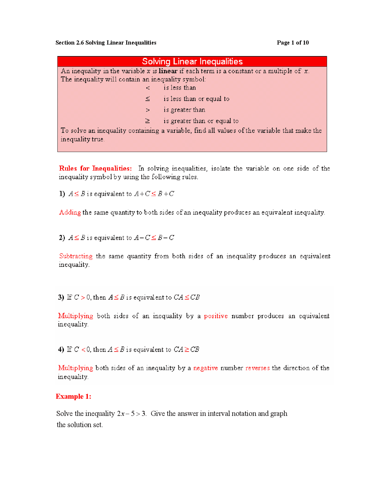 Solving Linear Inequalities - College Algebra | MATH 1310 - Docsity