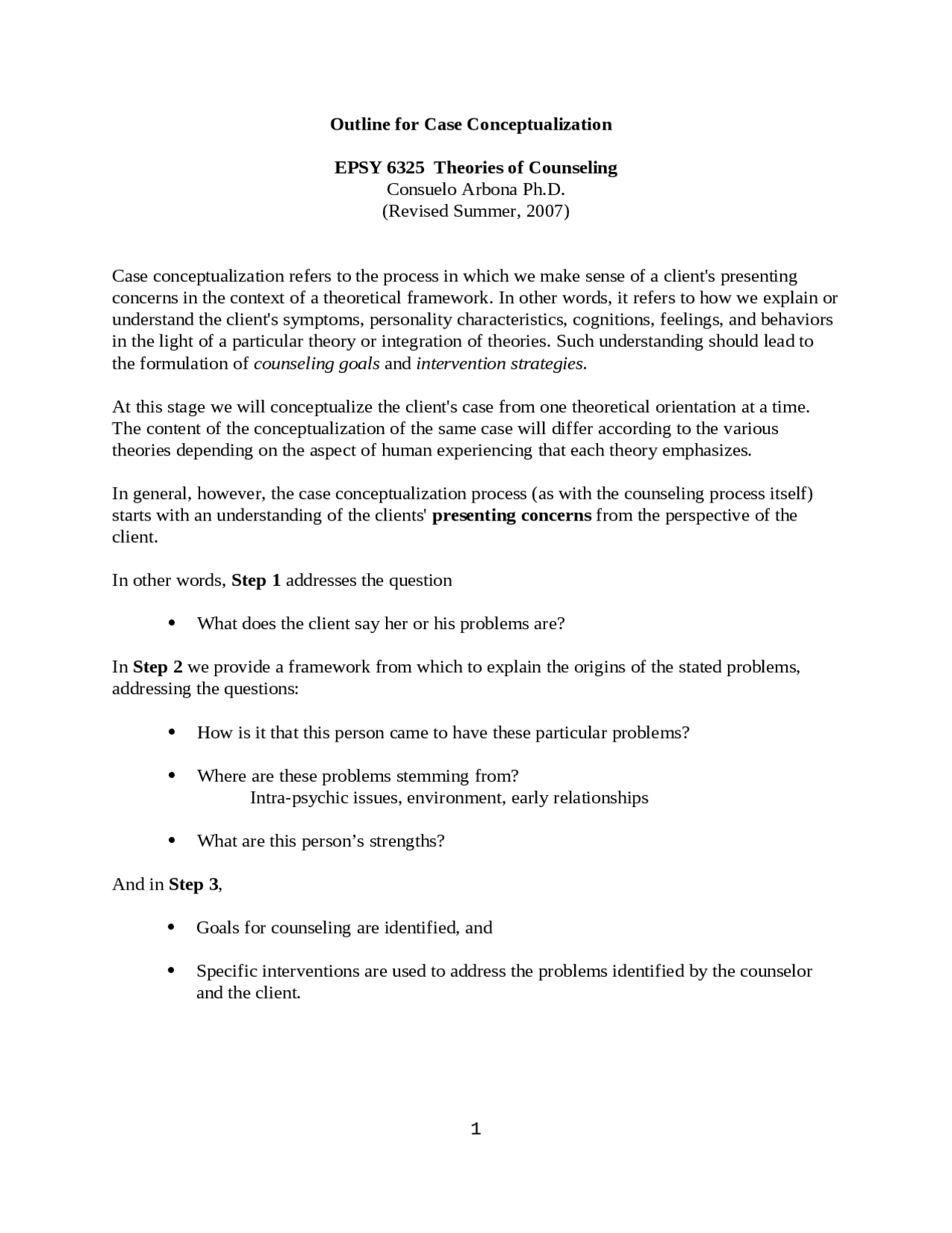 Outline for Case Conceptualization - Theories of Counseling | EPSY 6325 ...