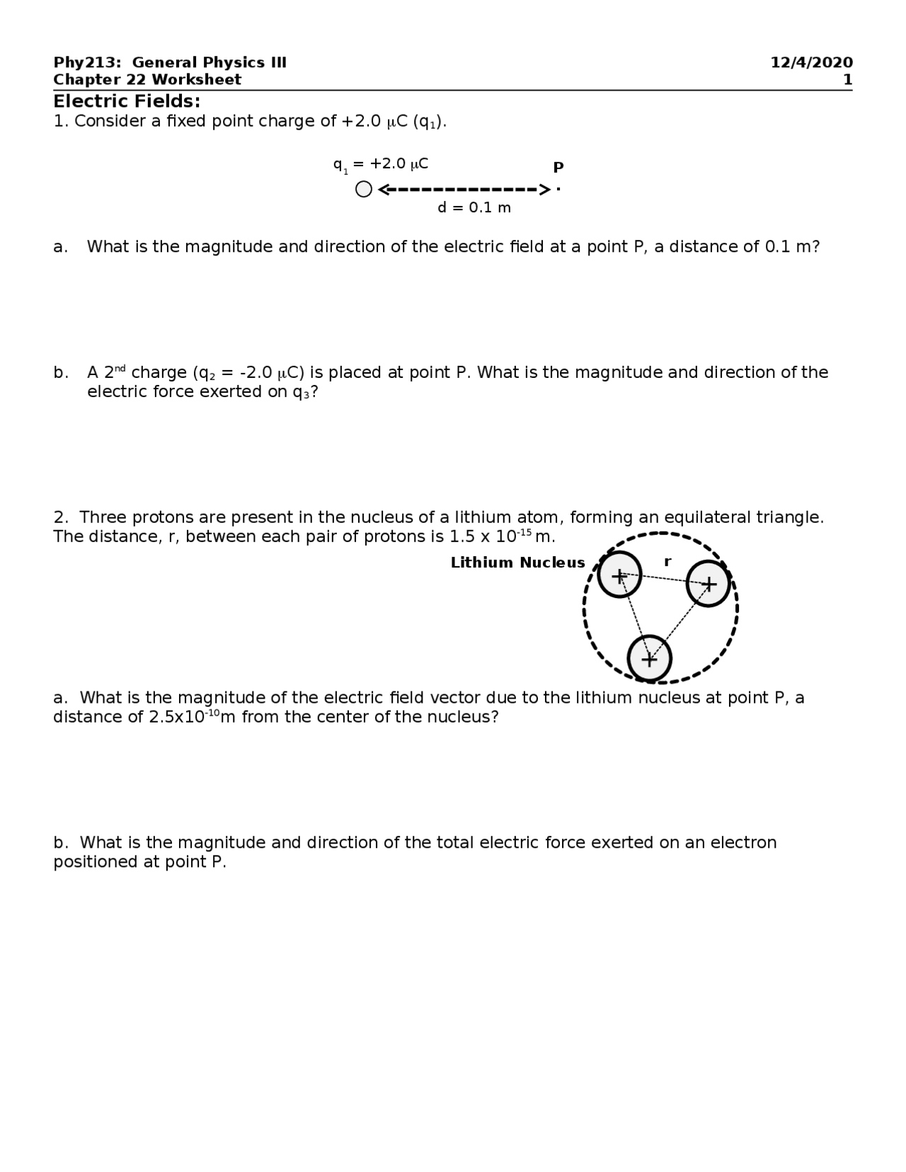 Electric Field, Dipole Moment of Water - Worksheet | PHY 213 - Docsity