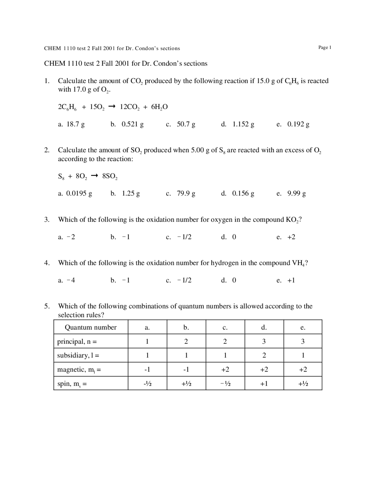 Exam 2 with Answer Key - General Chemistry I | CHEM 1110 - Docsity