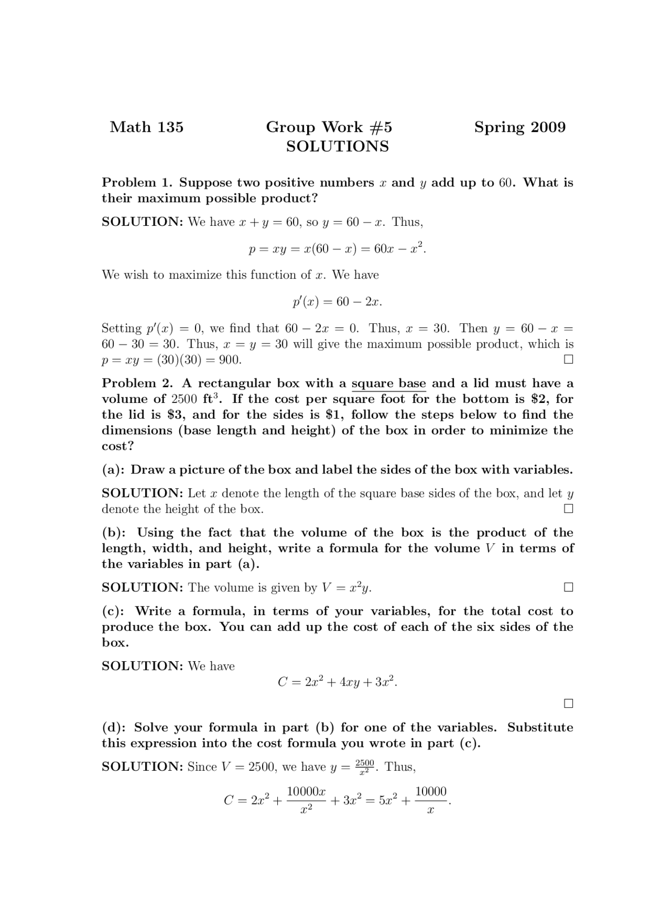 Solutions To Assignment 5 Business Calculus Math 135 Docsity