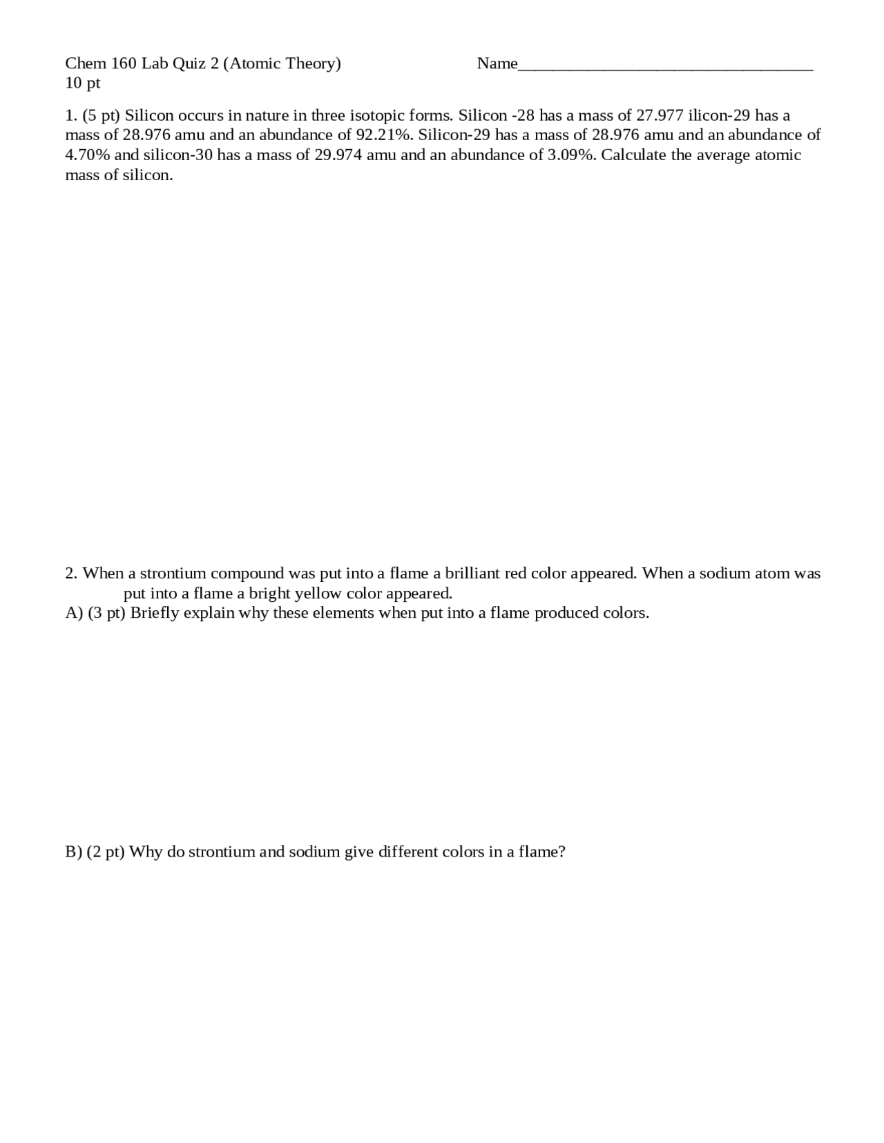 Atomic Theory Introductory Chemistry Quiz 2 Chem 160 Docsity