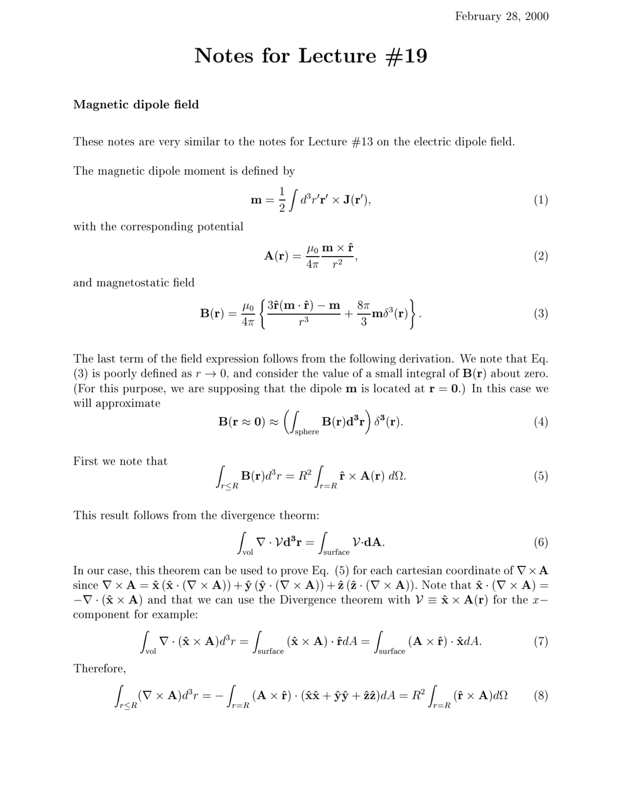 Lecture Notes On Magnetic Dipole Field Electromagnetism Phy 712