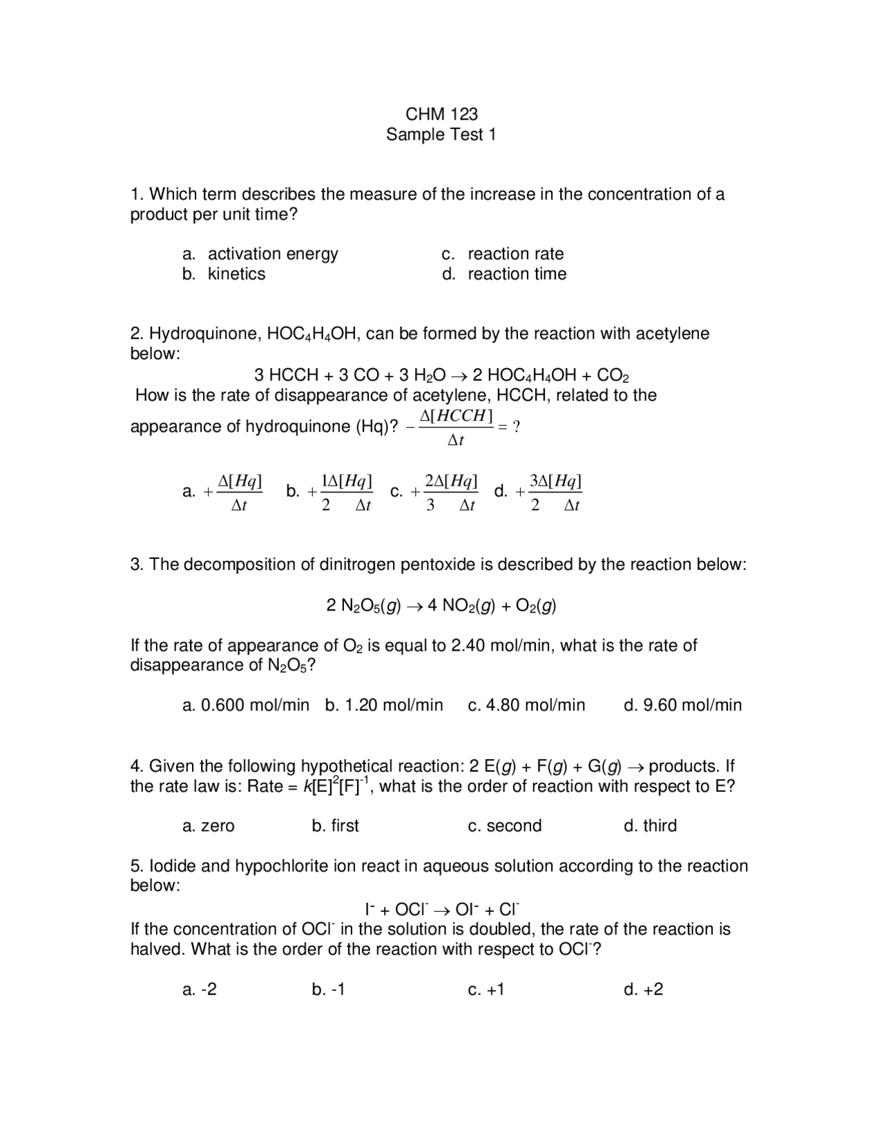 20 Questions On General Chemistry 3 Exam Chm 123 Docsity