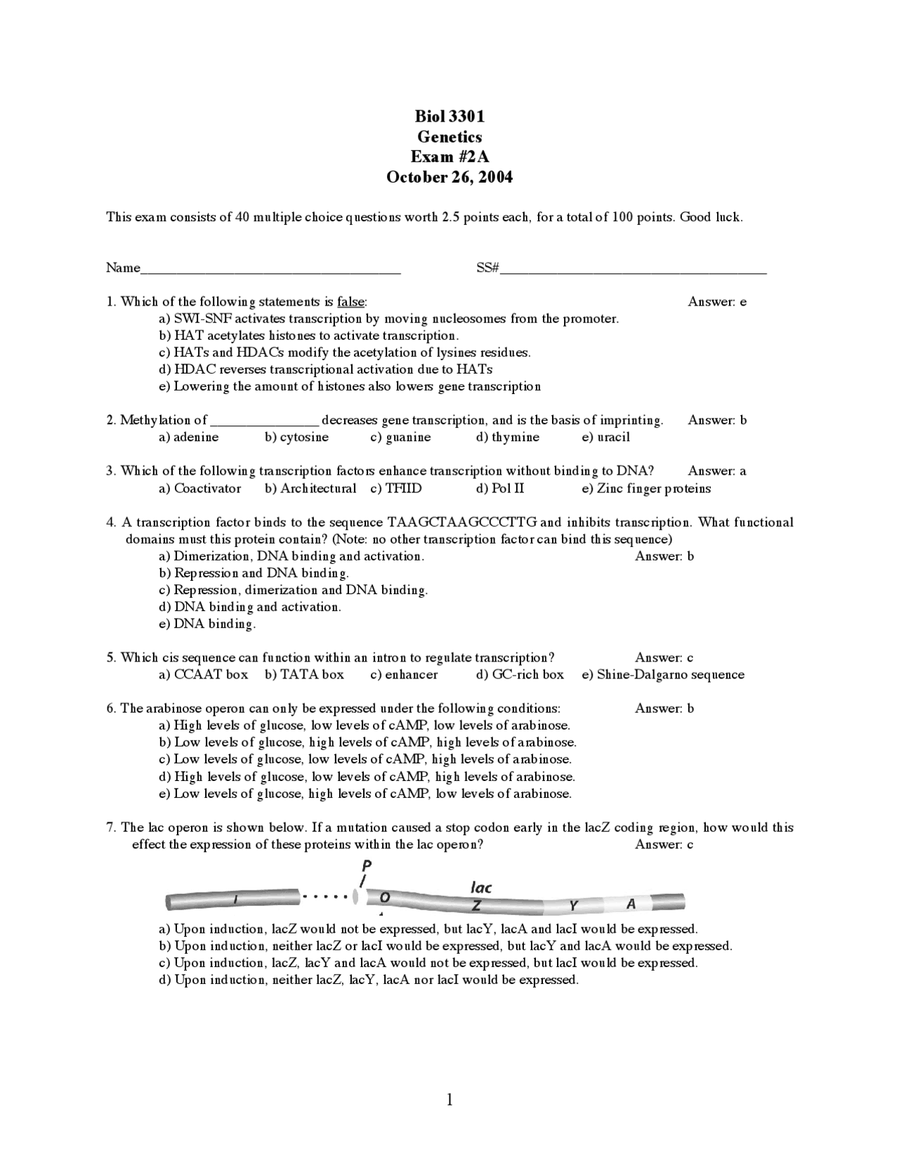 Exam 2a On Genetics Fall 2004 With Answers Biol 3301 Docsity