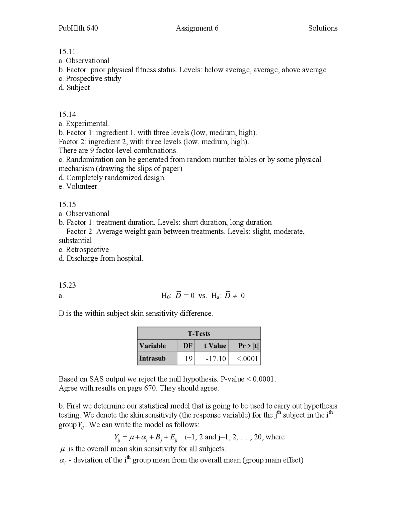 Assignment Six Questions Unsolved Intermediate Biostatistics Pubhlth 640 Docsity