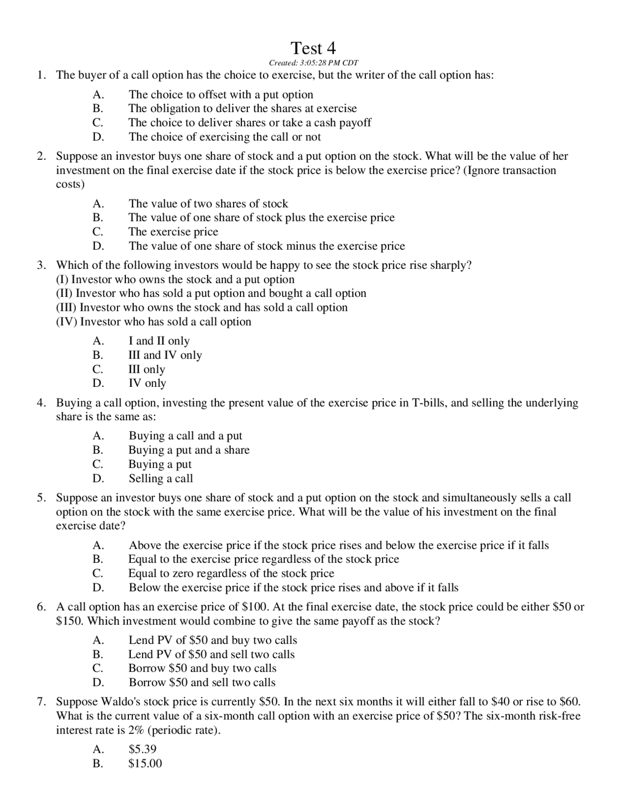 30 Multiple Choice Questions Of Corporate Finance Exam 4 Econ 448