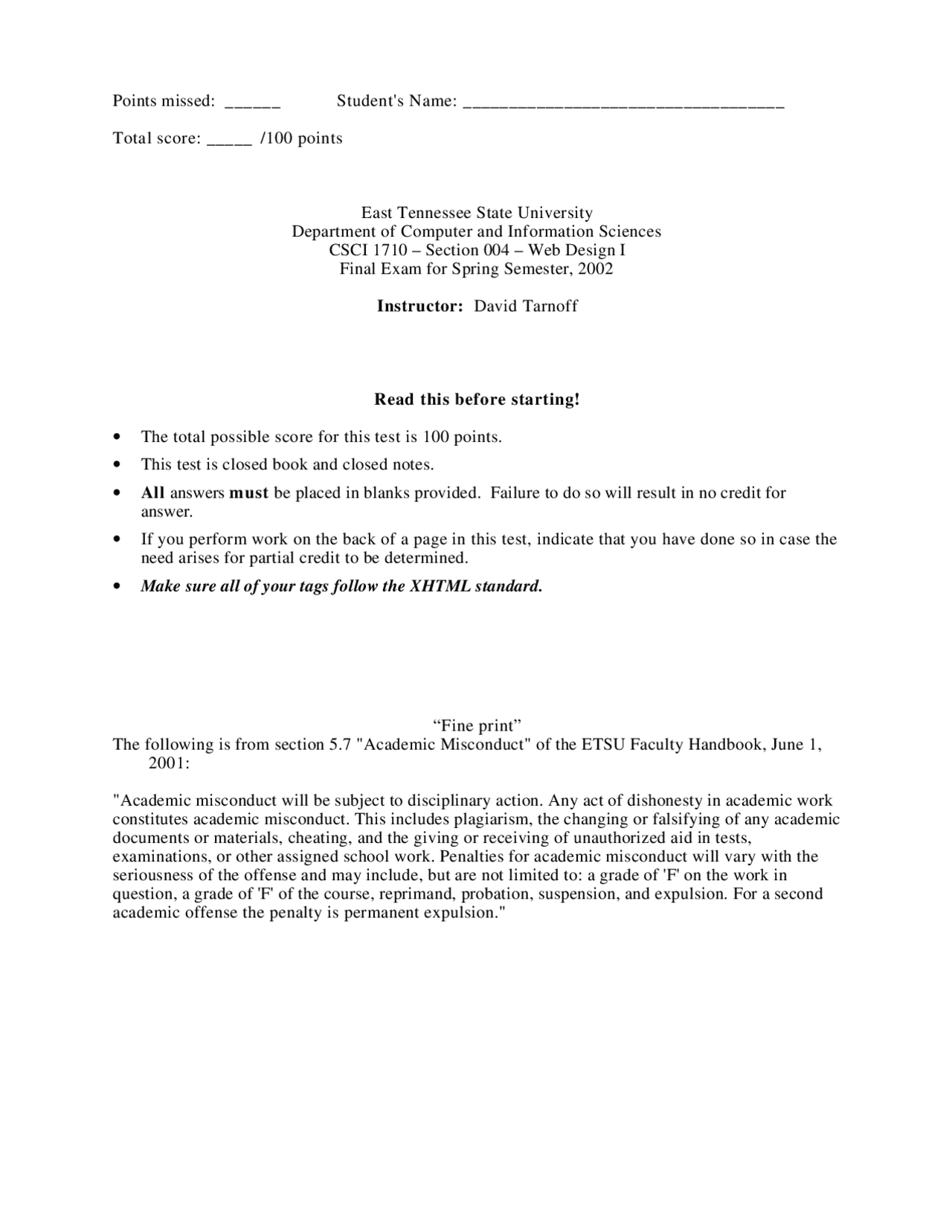 Final Examination With Solutions World Wide Web Design Csci 1710