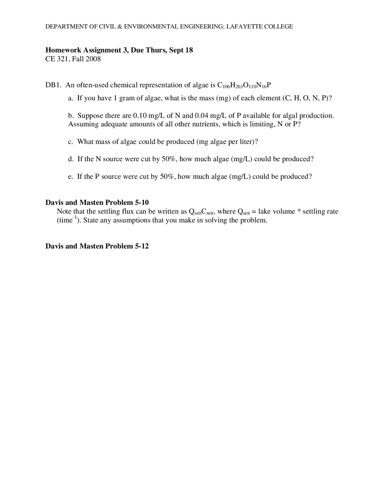 Homework Assignment 3 Environmental Engineering Ce 321 Docsity