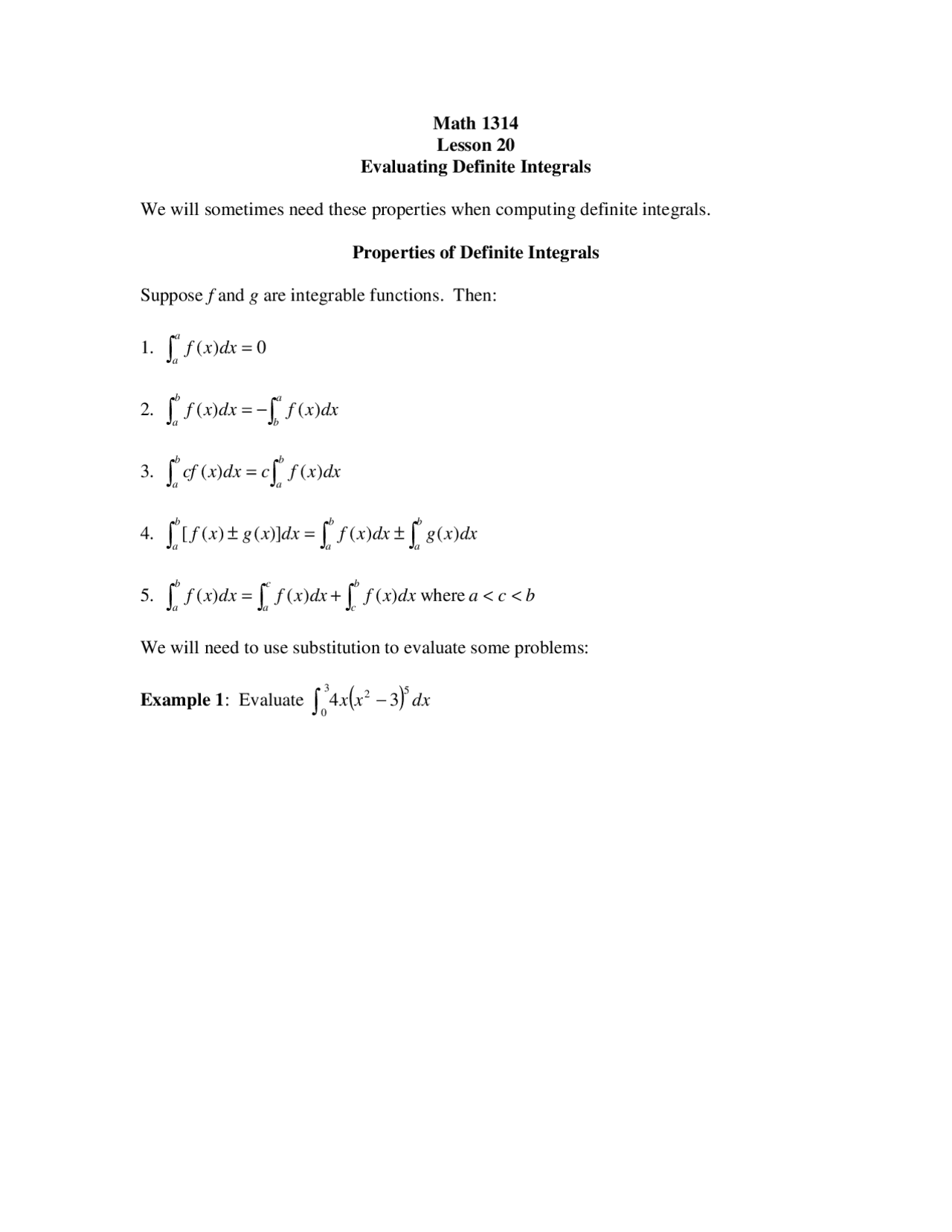 Lecture Notes On Evaluating Definite Integrals Math 1314 Docsity