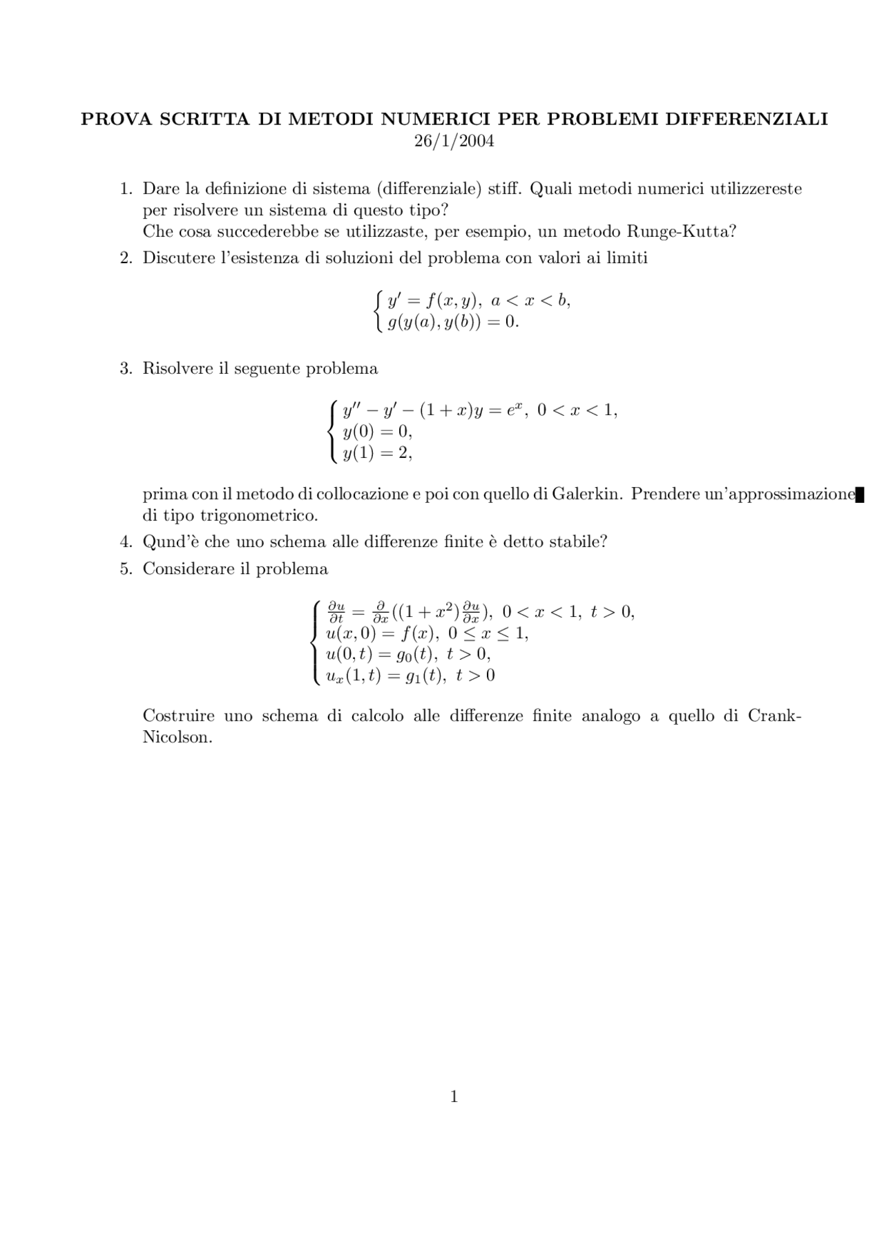 Metodi Numerici Per Problemi Differenziali Esame 26012004 Docsity