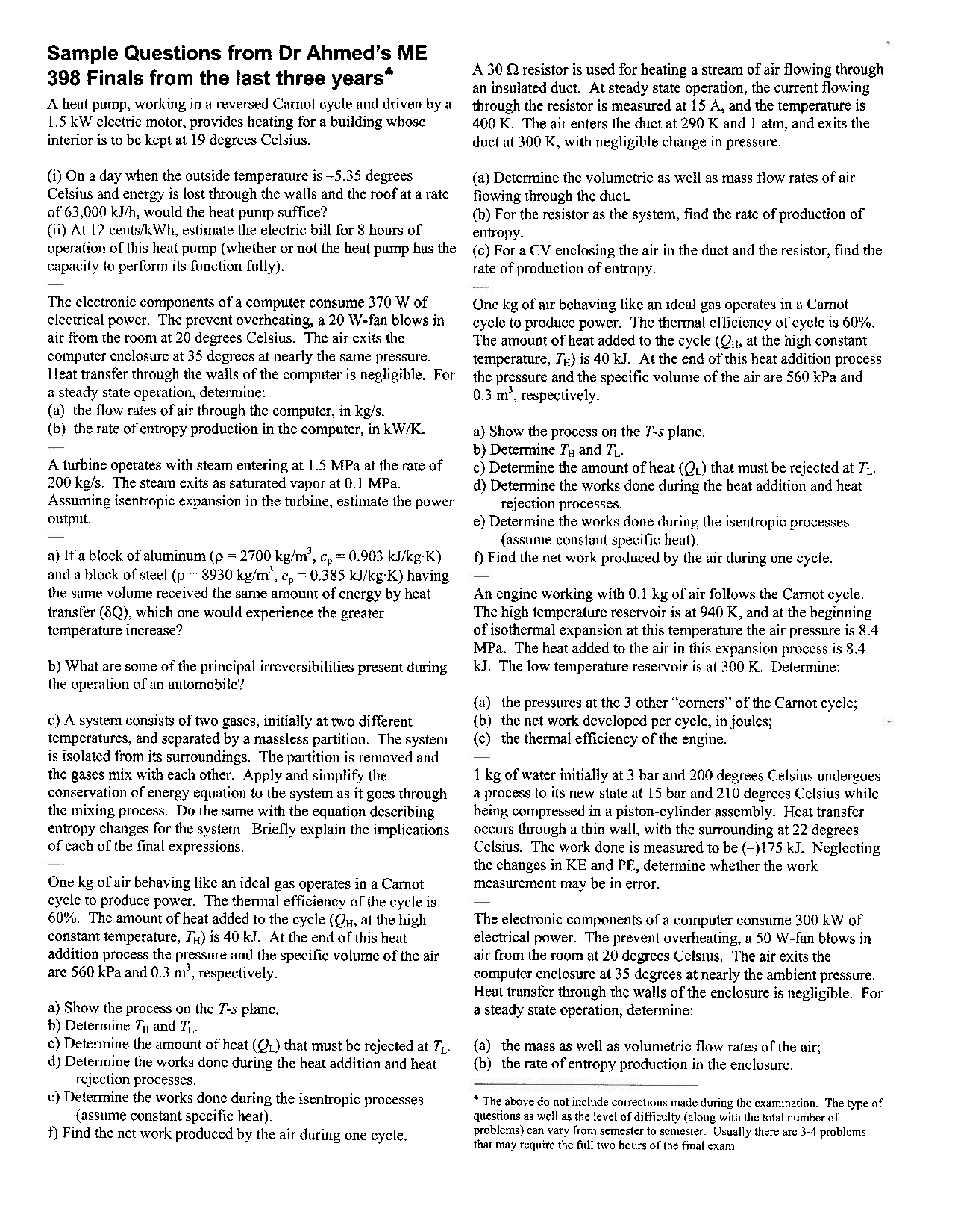 Sample Questions Thermodynamics 1 Me 398 Docsity
