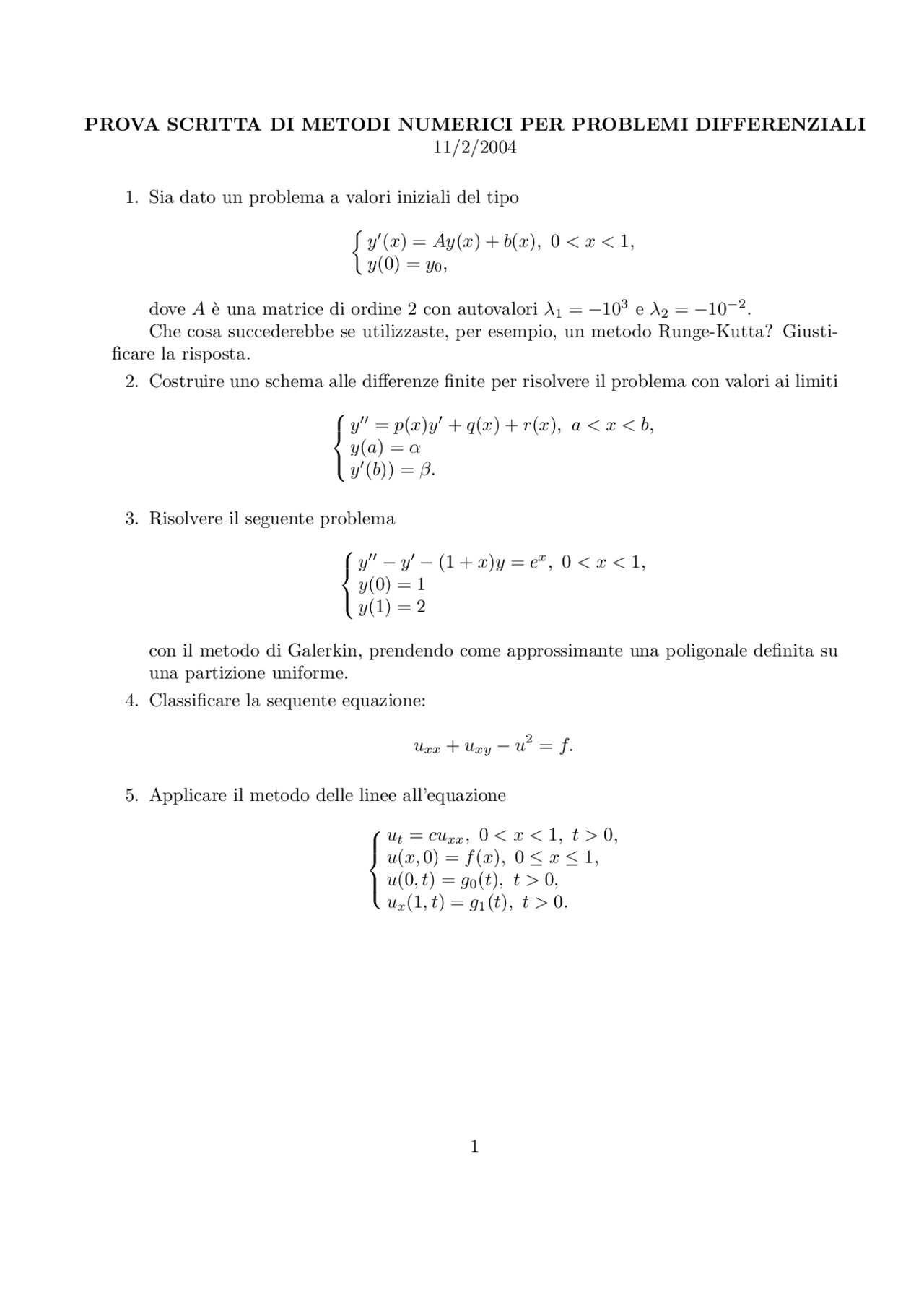 Metodi Numerici Per Problemi Differenziali Esame 11022004 Docsity