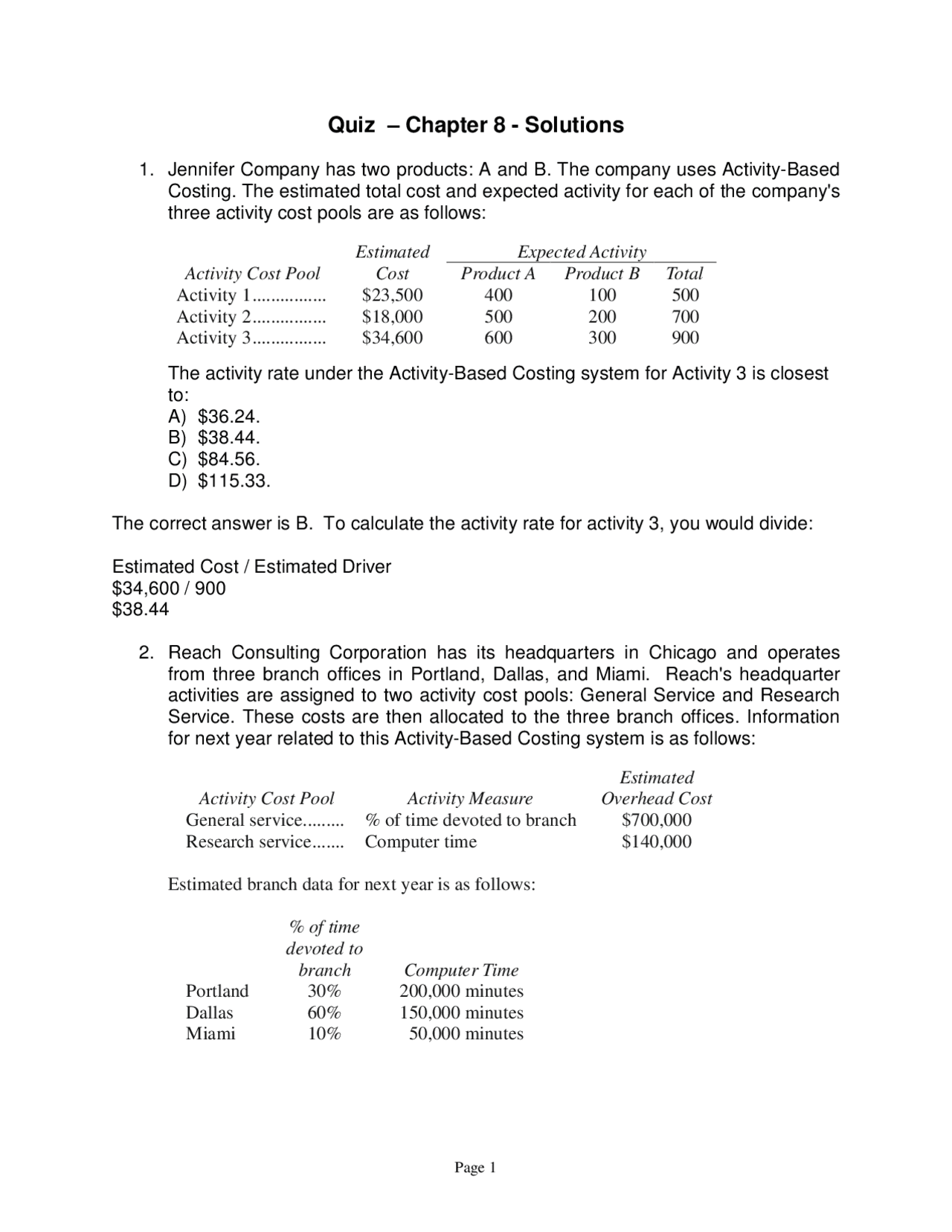 Quiz 8 With Solution For Cost Accounting For Managers Acct 310 Docsity