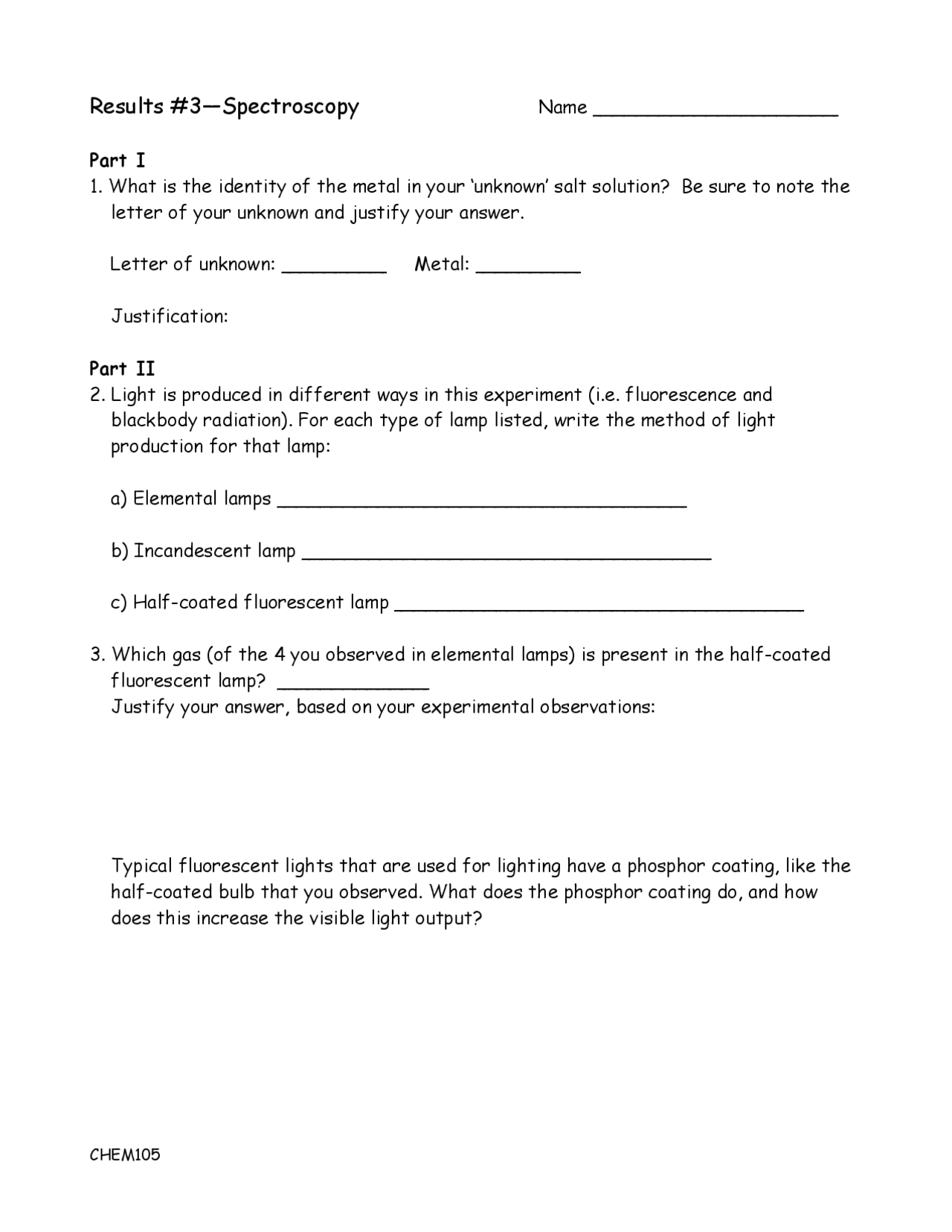 CHEM105 Lab Report: Spectroscopy Experiment | Lab Reports Chemistry | Docsity