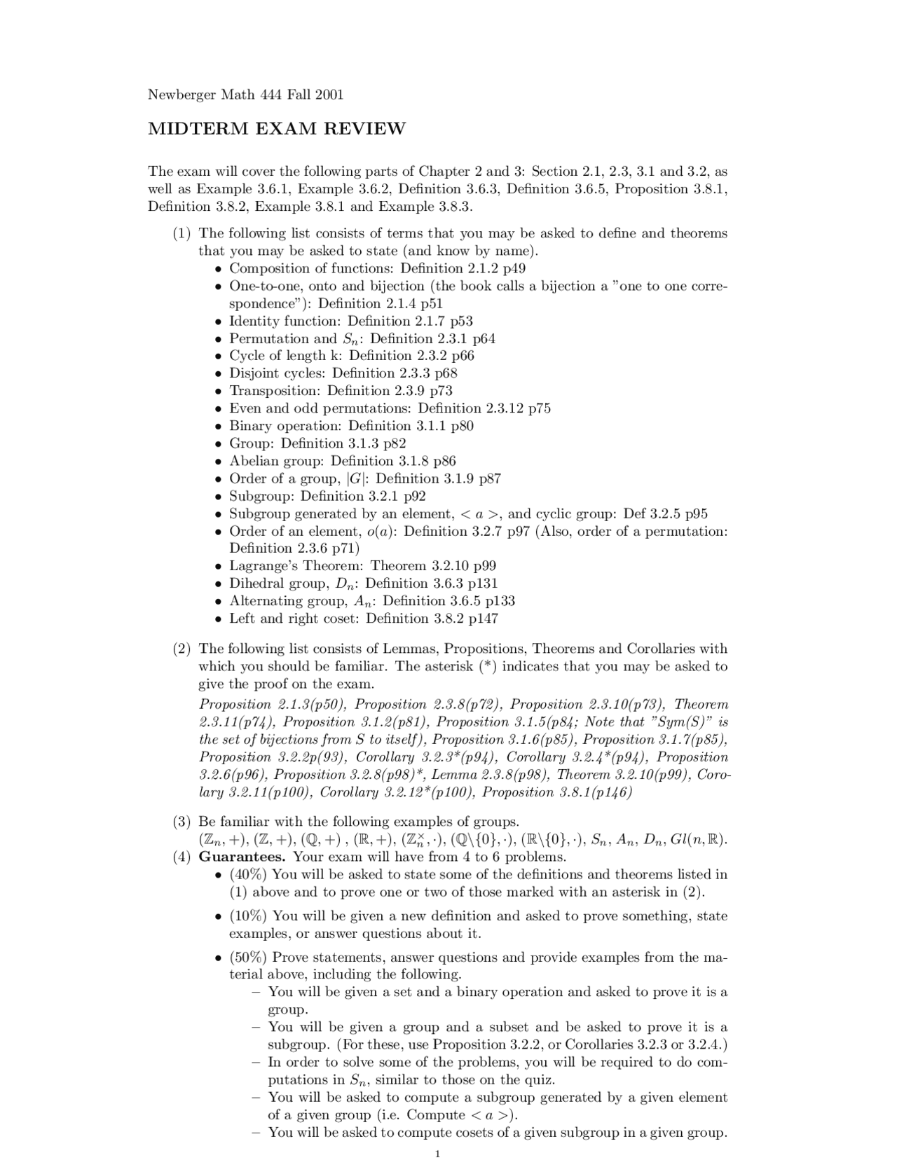 Introduction To Abstract Algebra Midterm Exam Review Math 444 Docsity