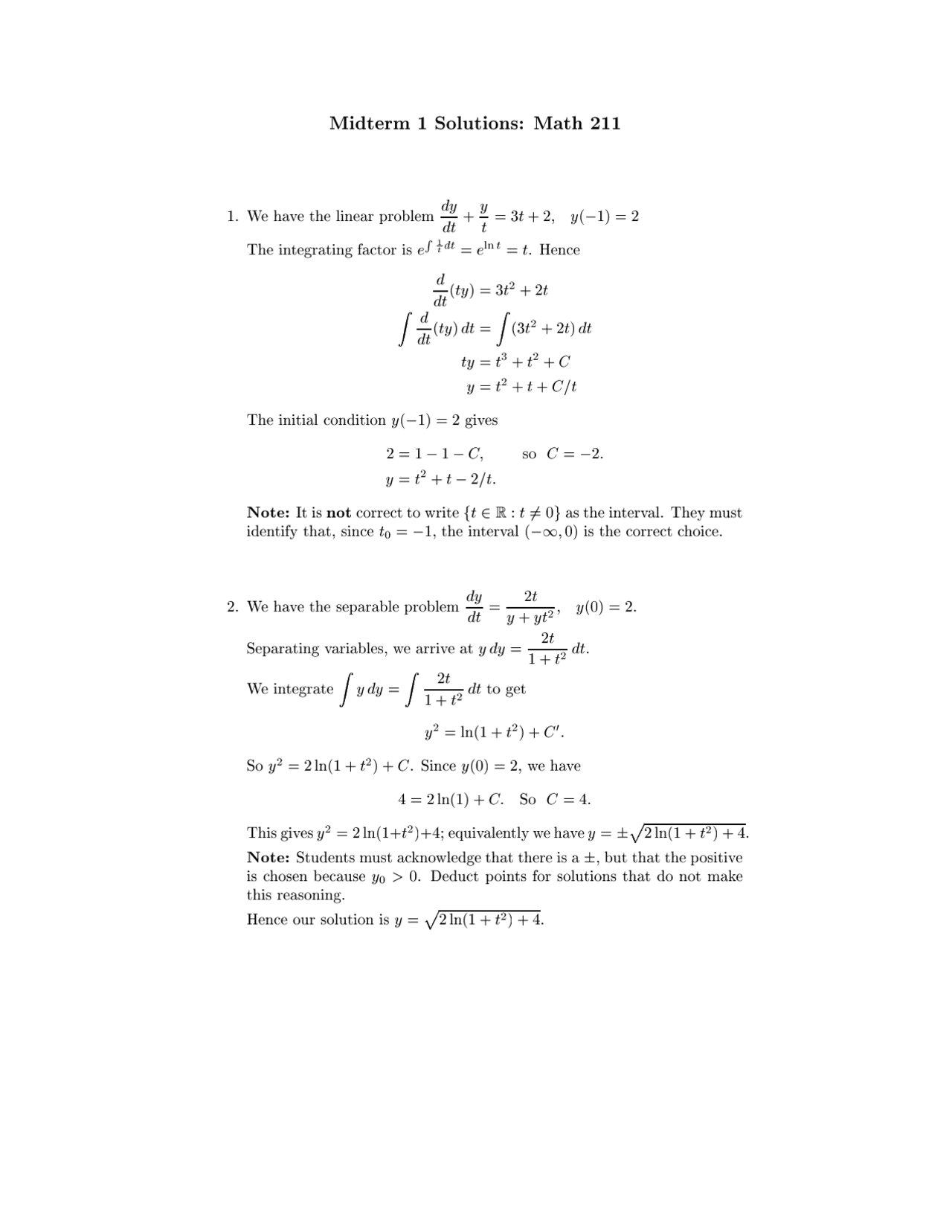 Midterm 1 Solutions - Differential Equations and Linear Algebra | MATH ...