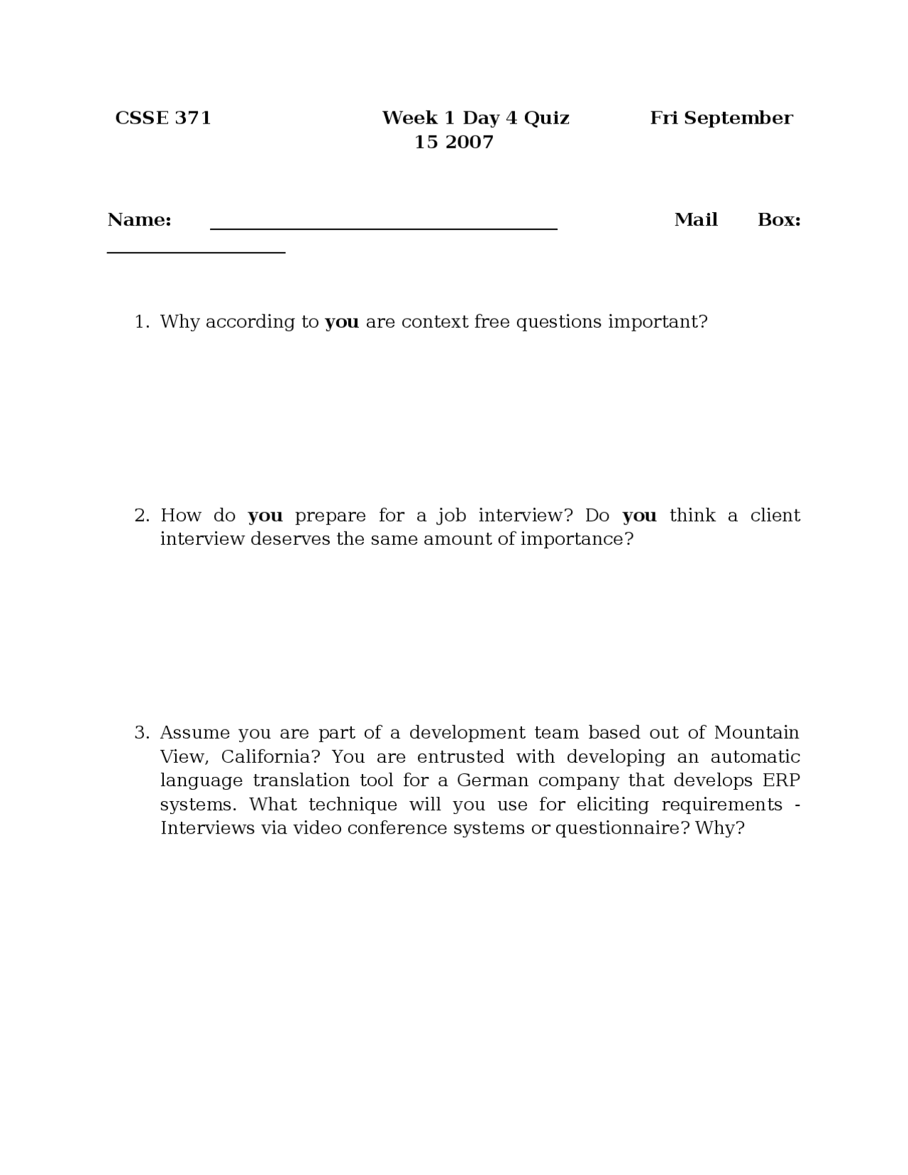 7 Questions For Quiz Software Requirements And Specification Csse 371 Docsity