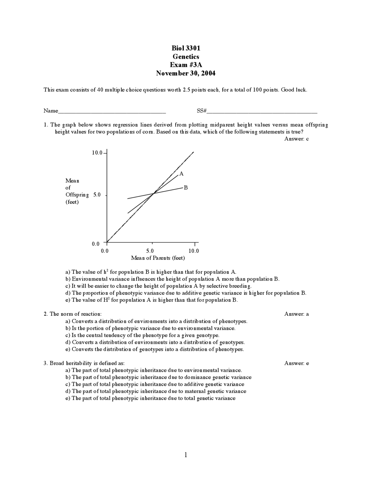 Genetics Solved Exam 3 Fall 2004 Biol 3301 Docsity