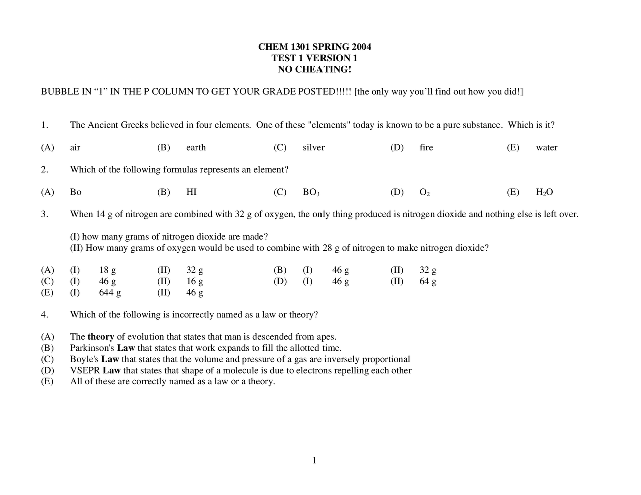 20 Mcqs For Exam 1 Foundations Of Chemistry Chem 1301 Docsity