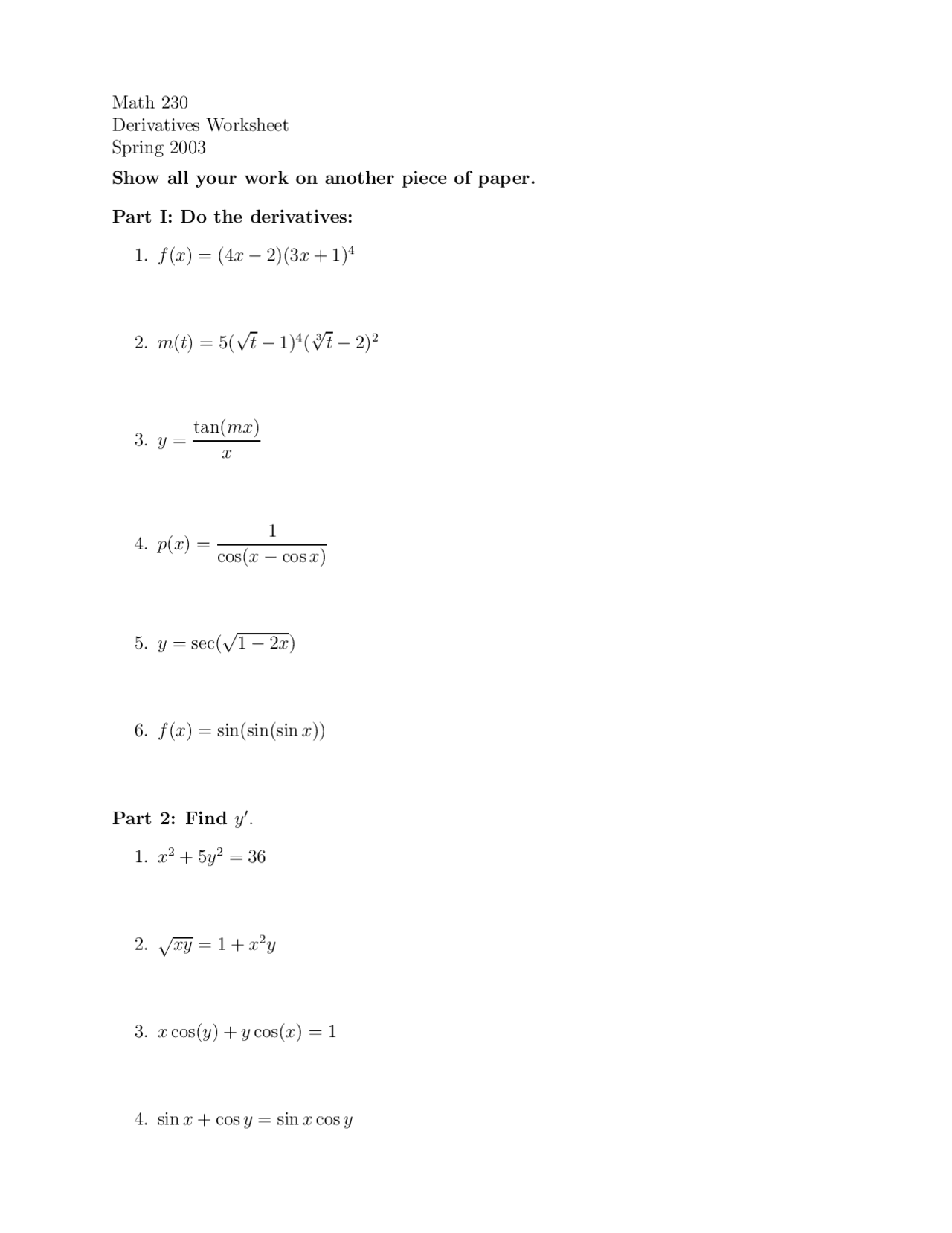Derivatives Worksheet Calculus Ii Spring 2003 Math 230 Docsity