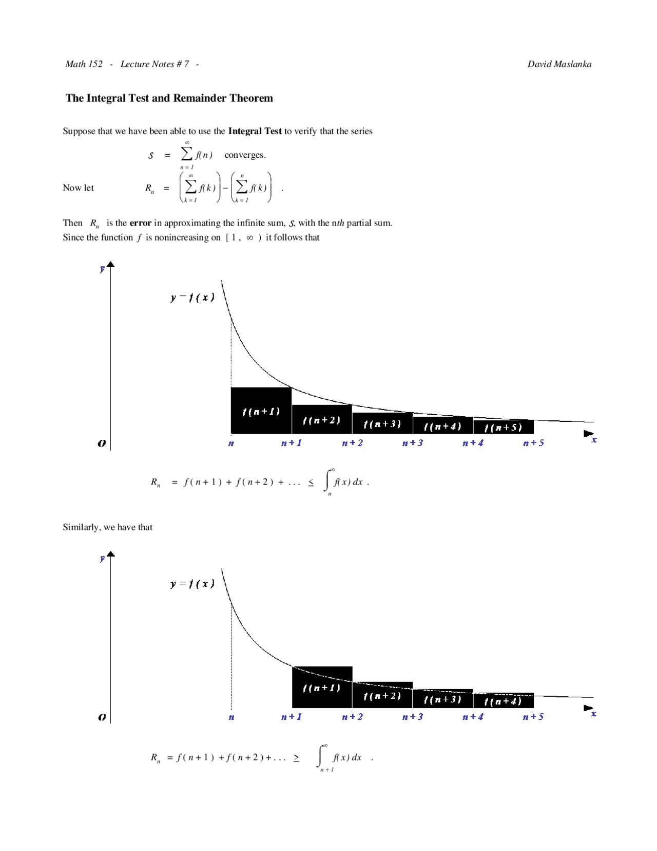 The Integral Test and Remainder Theorem - Calculus II | MATH 152 - Docsity