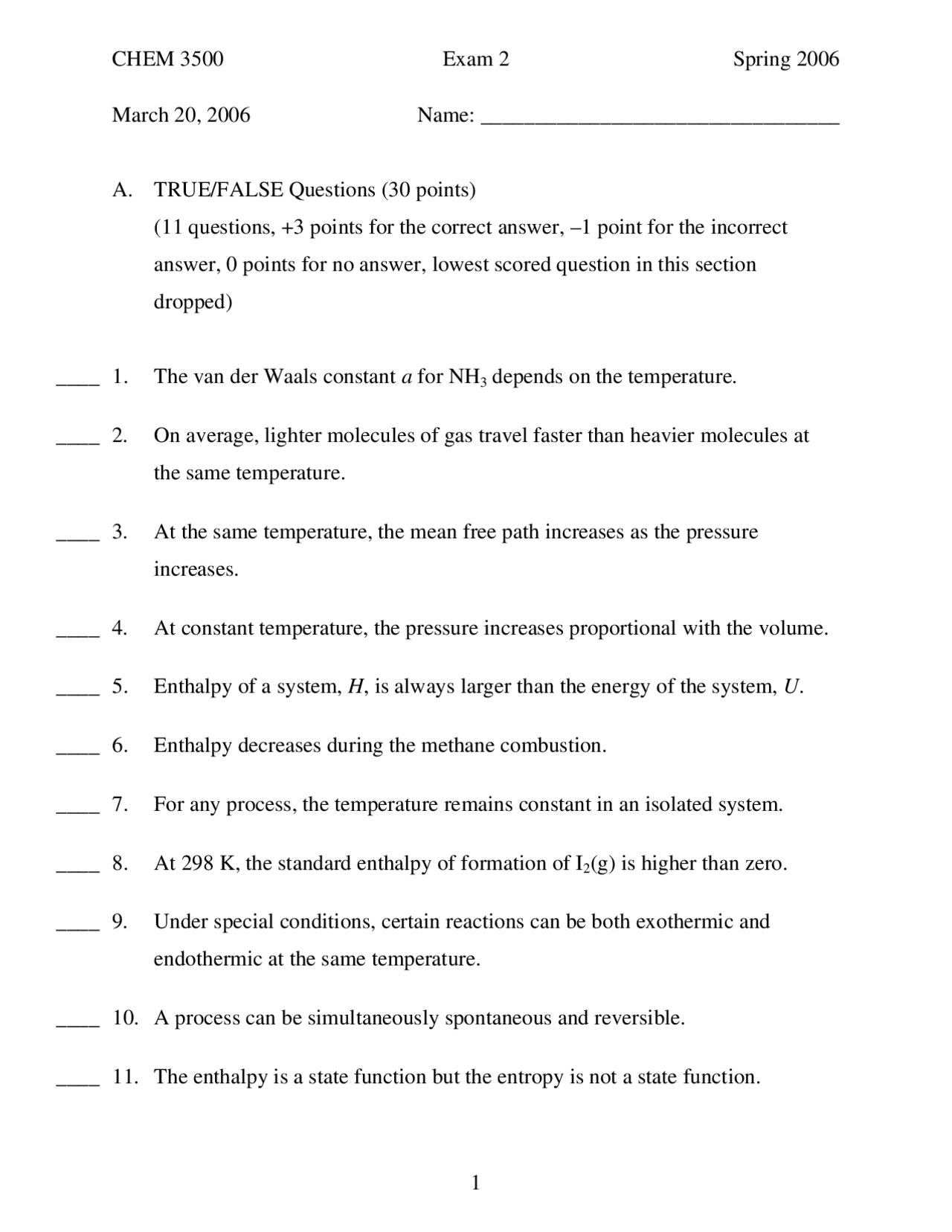 Exam 2 Elements Physical Chemistry Chem 3500 Docsity
