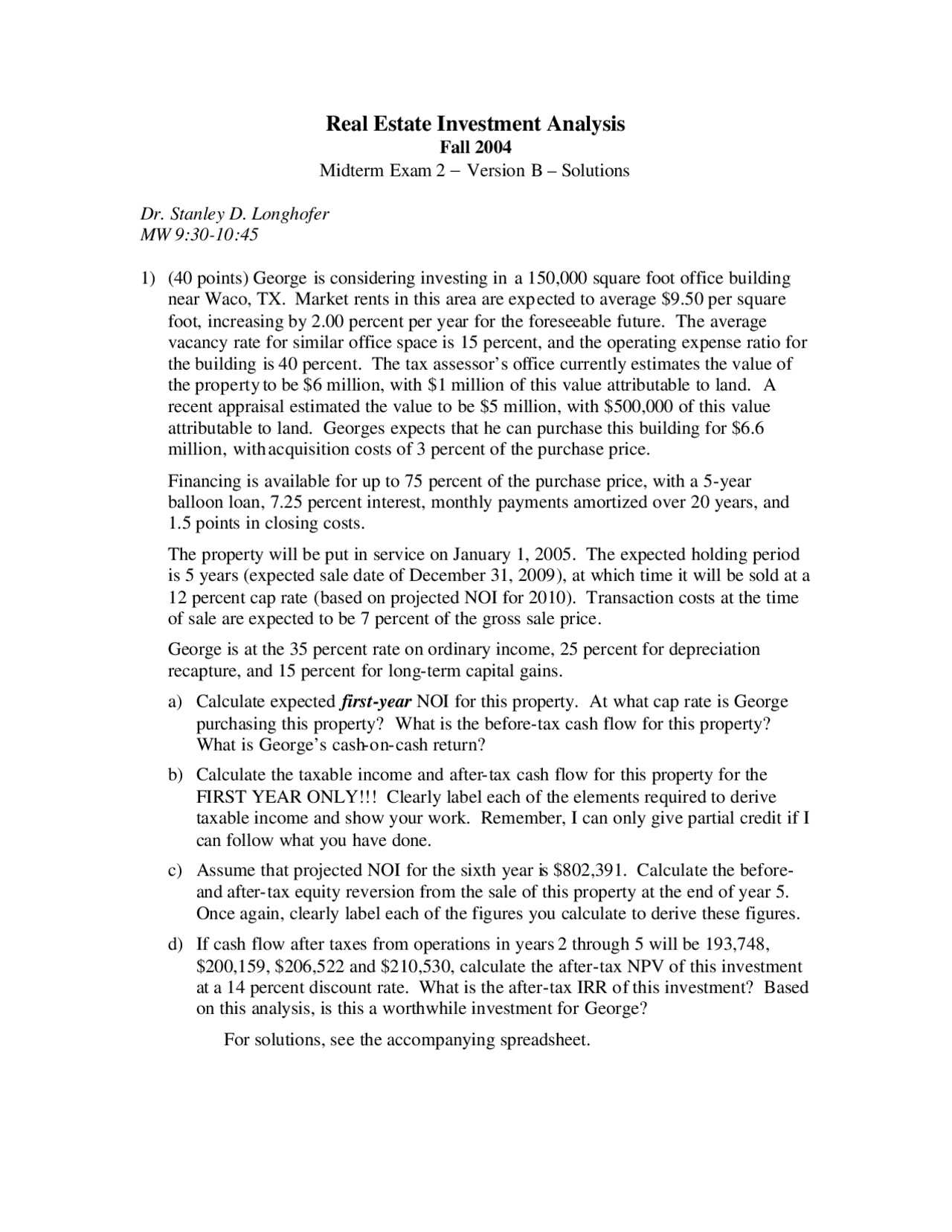 Resolution Of Midterm Exam 2 Real Estate Investment Analysis Re 618