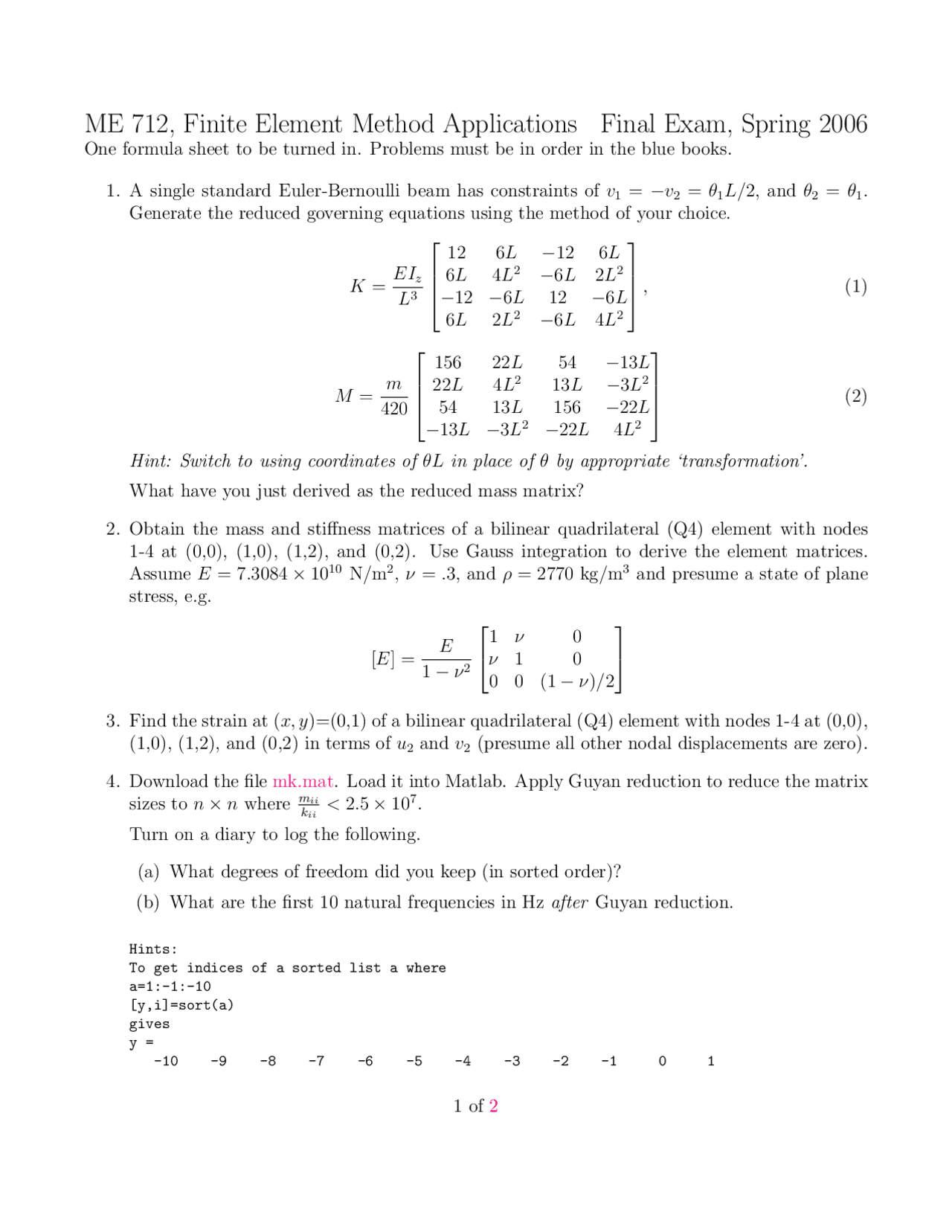 4 Questions For Final Exam Finite Element Method Application Me 712