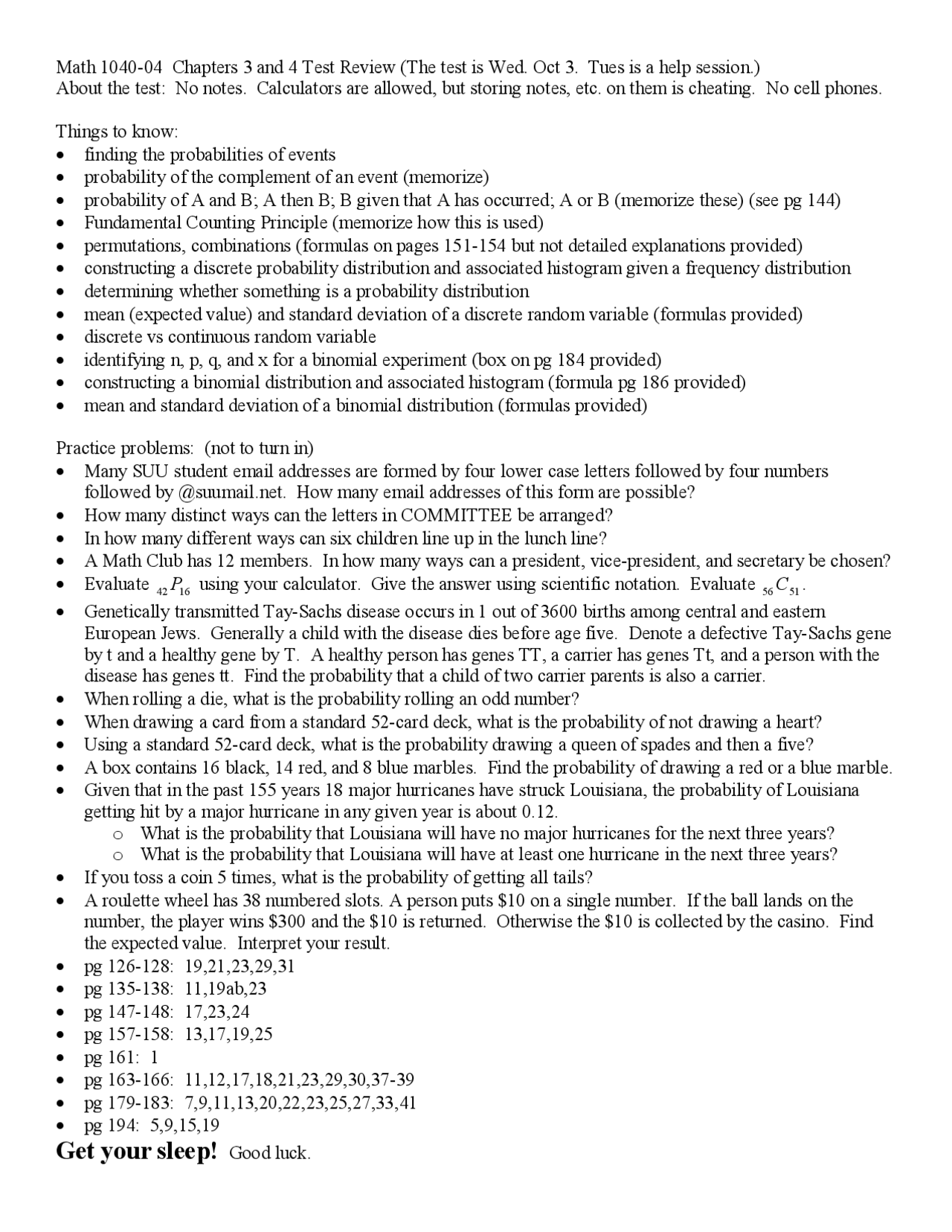 Review Sheet for Practice Test - Statistics | MATH 1040 - Docsity