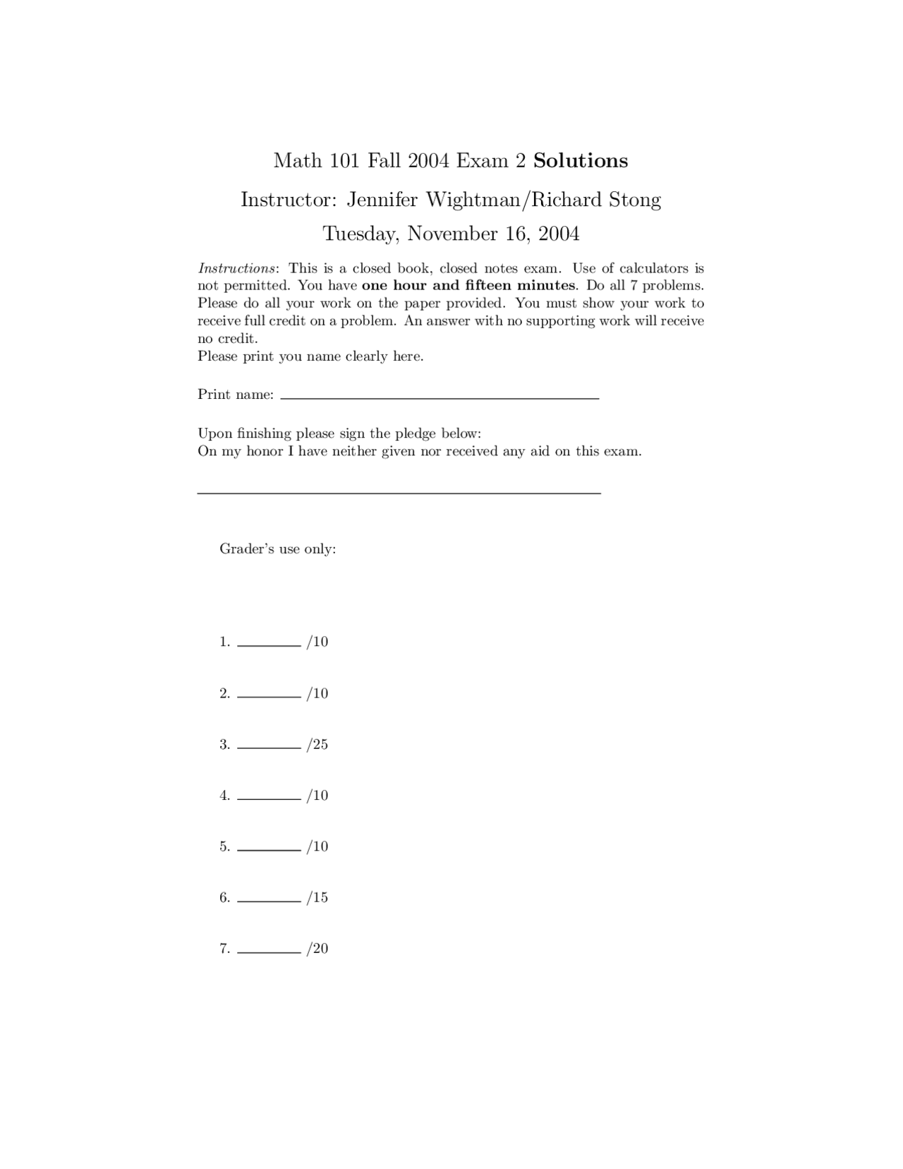 7 Questions with Solution of Single Variable Calculus I - Exam 2 | MATH 101 - Docsity