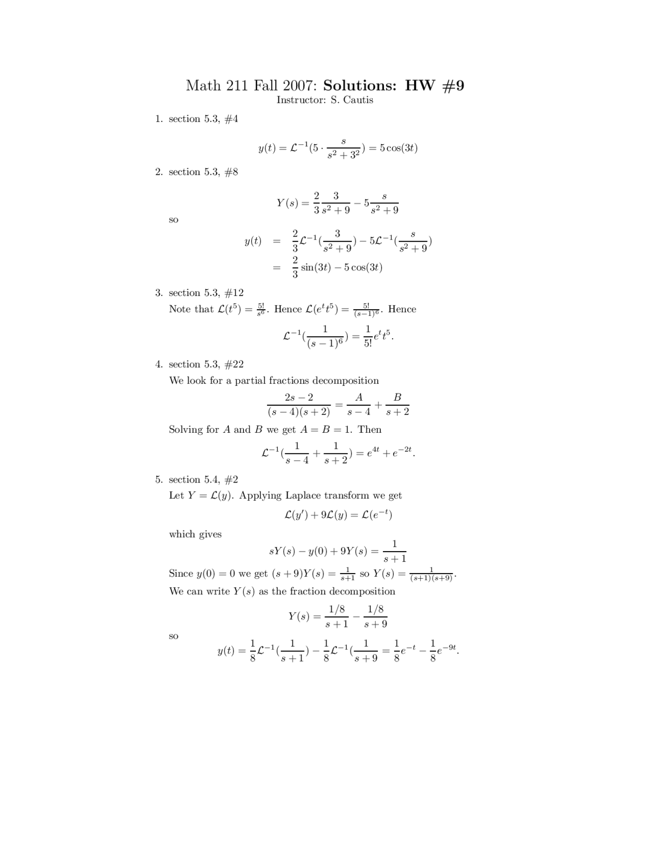 Homework 9 Solution Key Ordinary Differential Equations Math 211