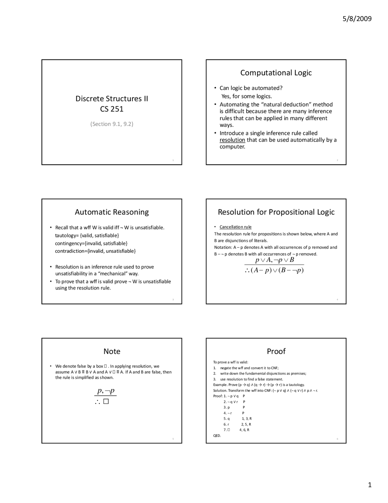 Resolution For Propositional Logic Lecture Slides Cs 251 Docsity