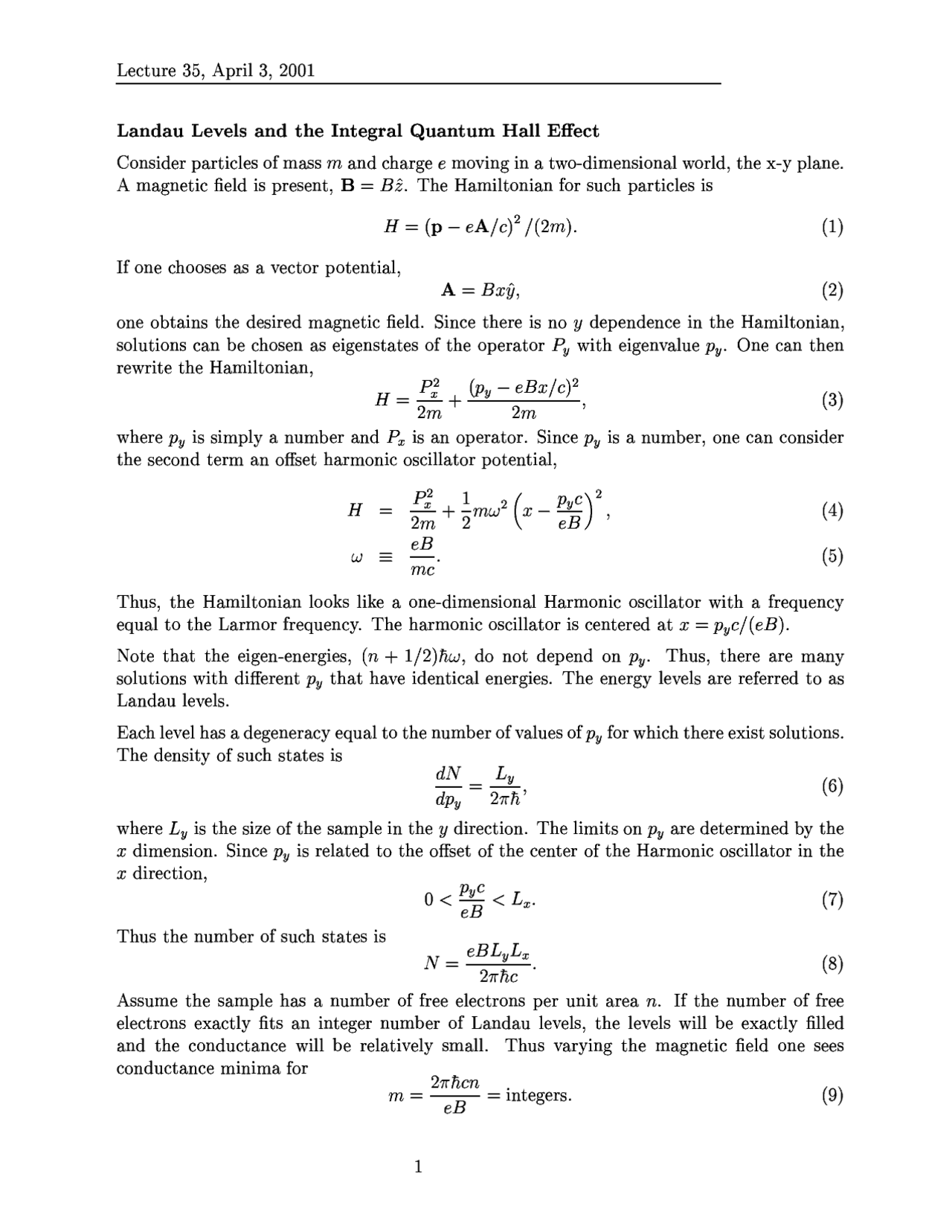 Landau Levels and the Integral Quantum Hall Effect - Notes | PHY 851 ...