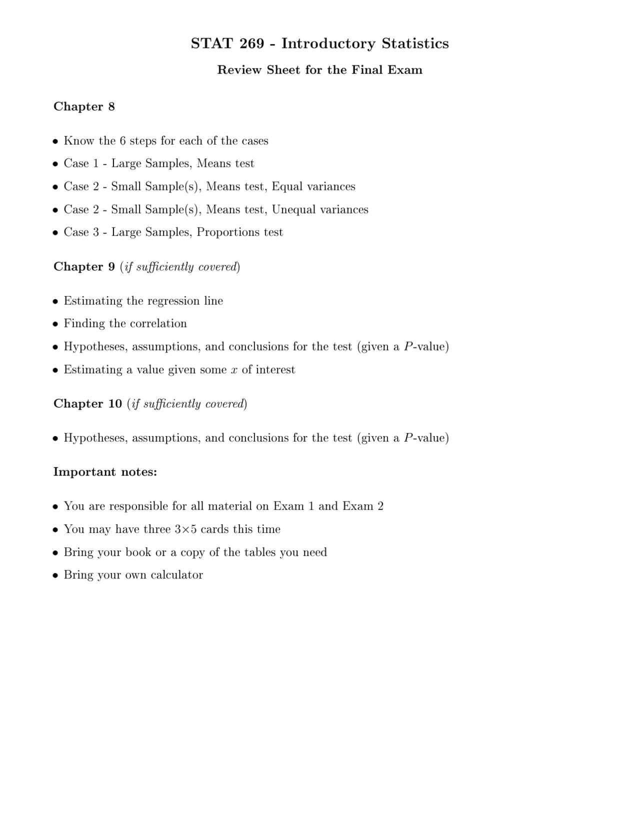 Introductory Statistics Review Sheet For Final Examination Stat 269