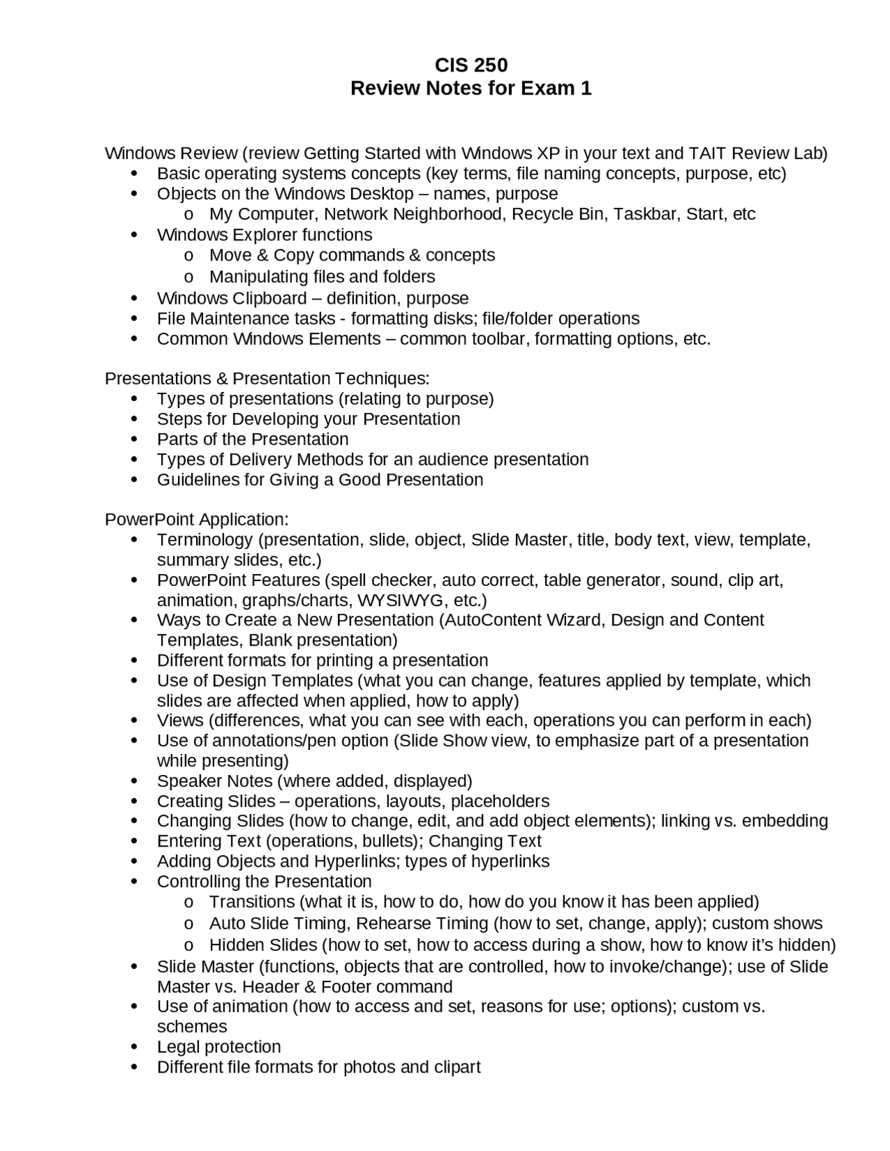 Review Notes On Exam 1 Advanced Computer Applications Cis 250 Docsity