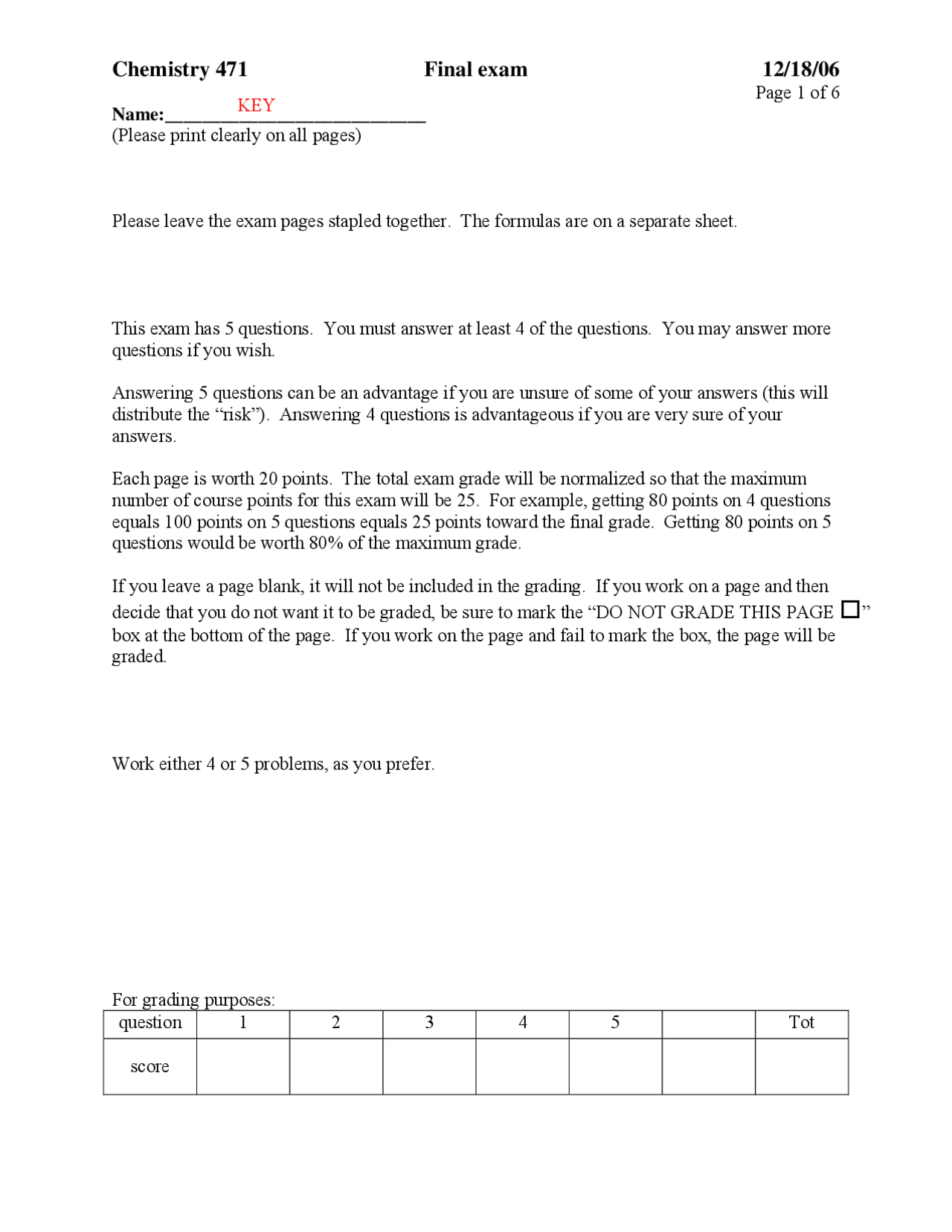 Problems For Elementary Physical Chemistry With Answers Final Exam