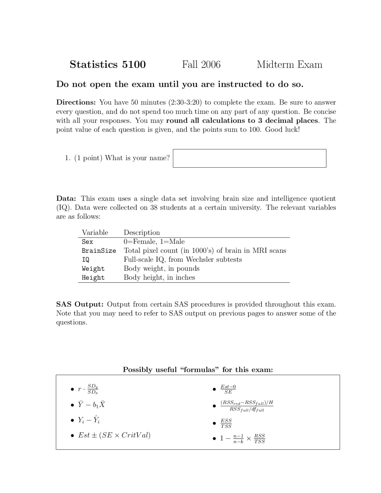 Sample Midterm Exam Linear Regression And Time Series Stat 5100