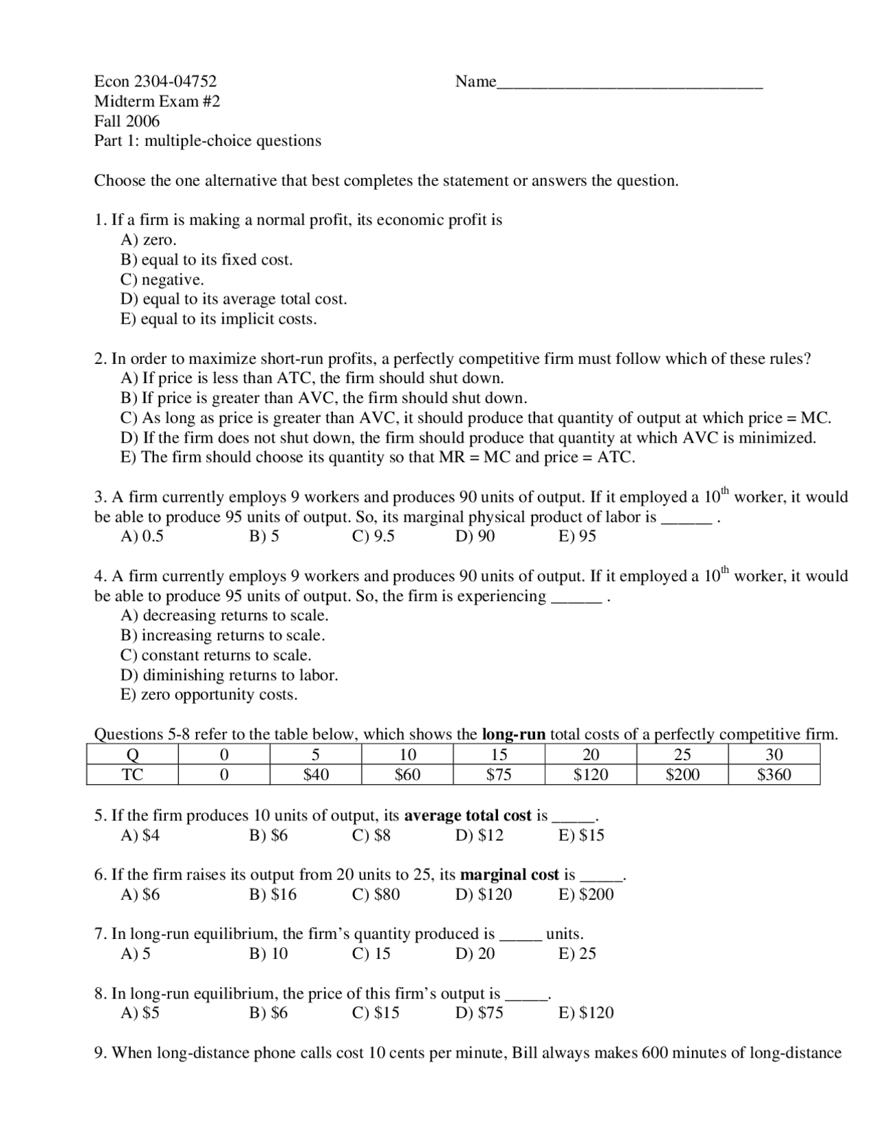 Midterm Exam 2 Questions Microeconomic Principles Econ 2304 Docsity