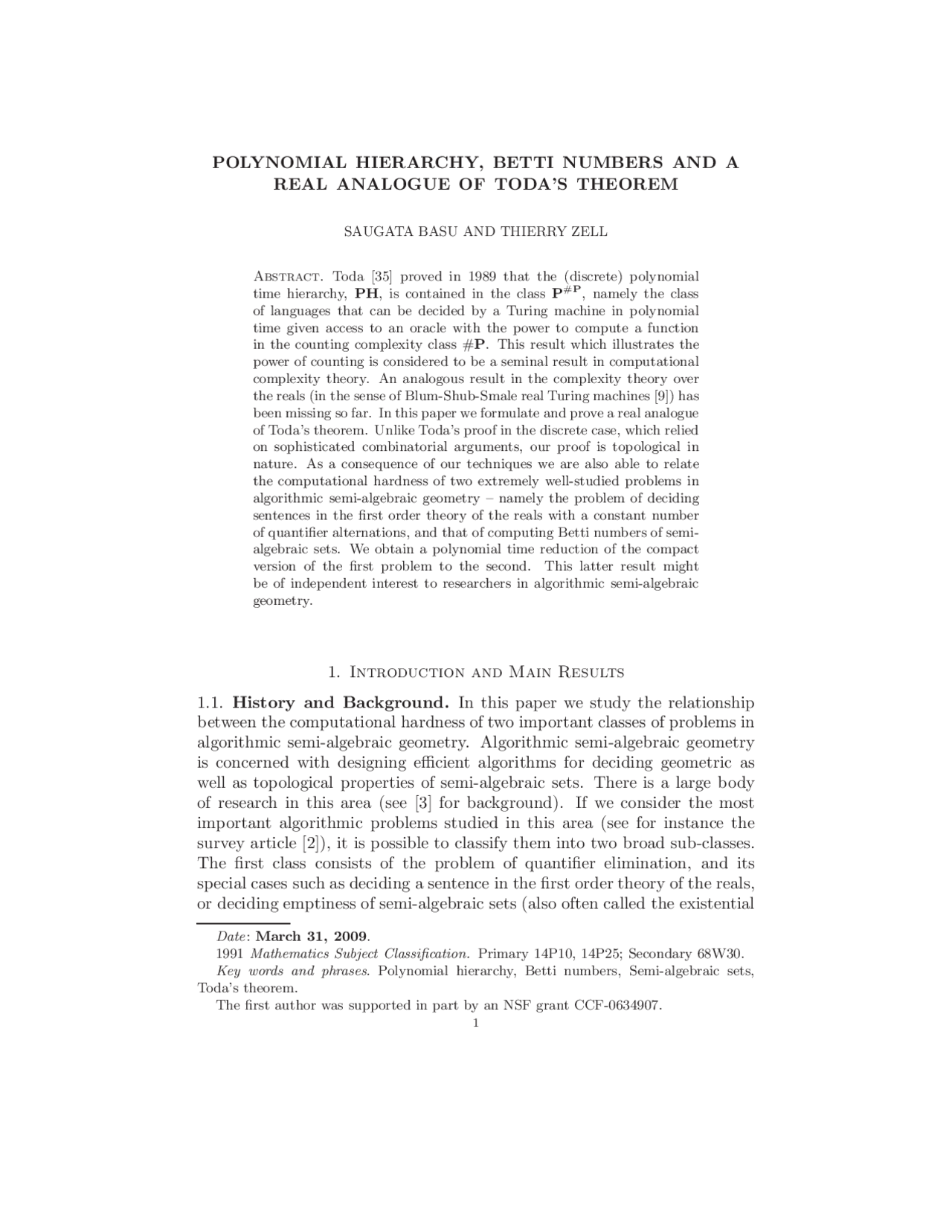 Polynomial Hierarchy, Betti Numbers and a Real Analogue of Toda's ...