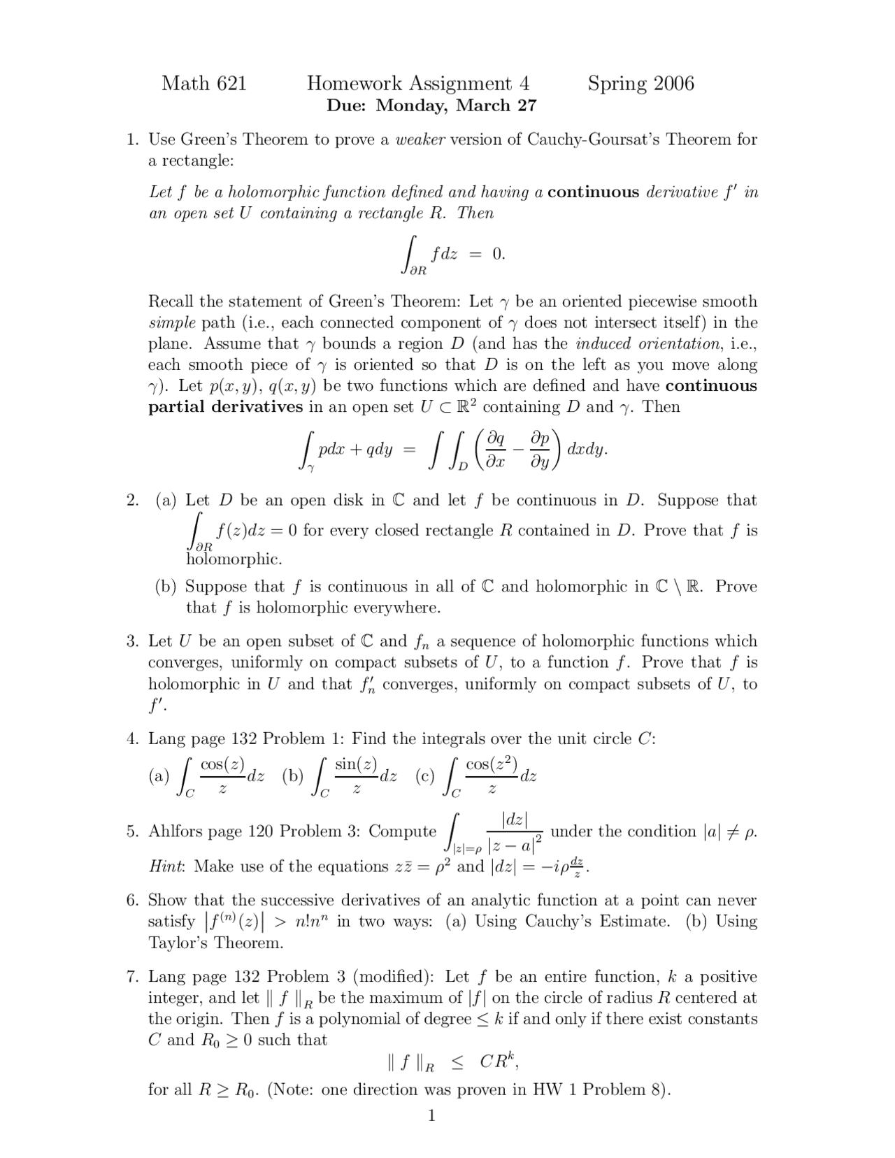 9 Questions On Complex Analysis Homework Assignment 4 Math 621