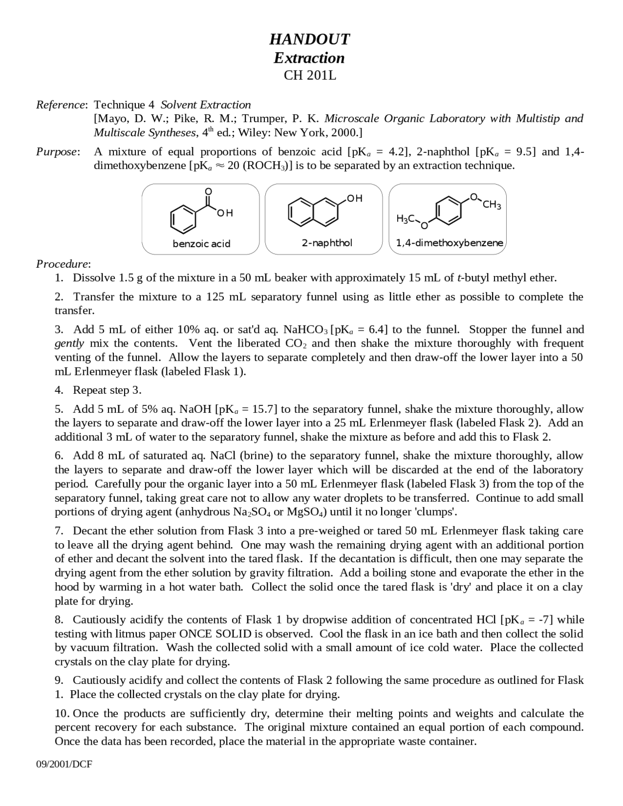 Handout Extraction for Organic Chemistry I | CH 201 - Docsity