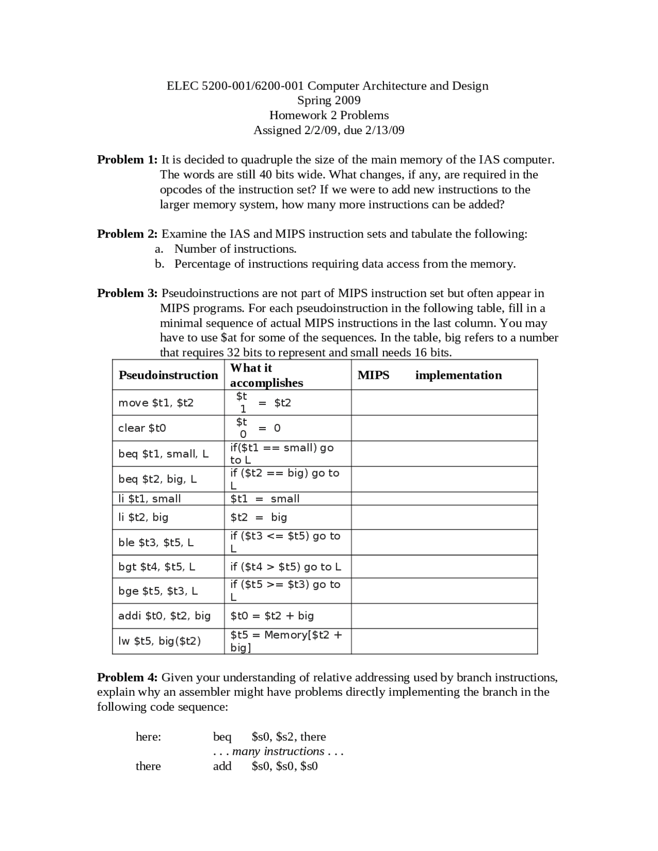 Homework 2 Solutions For Computer Architecture And Design Elec 5200