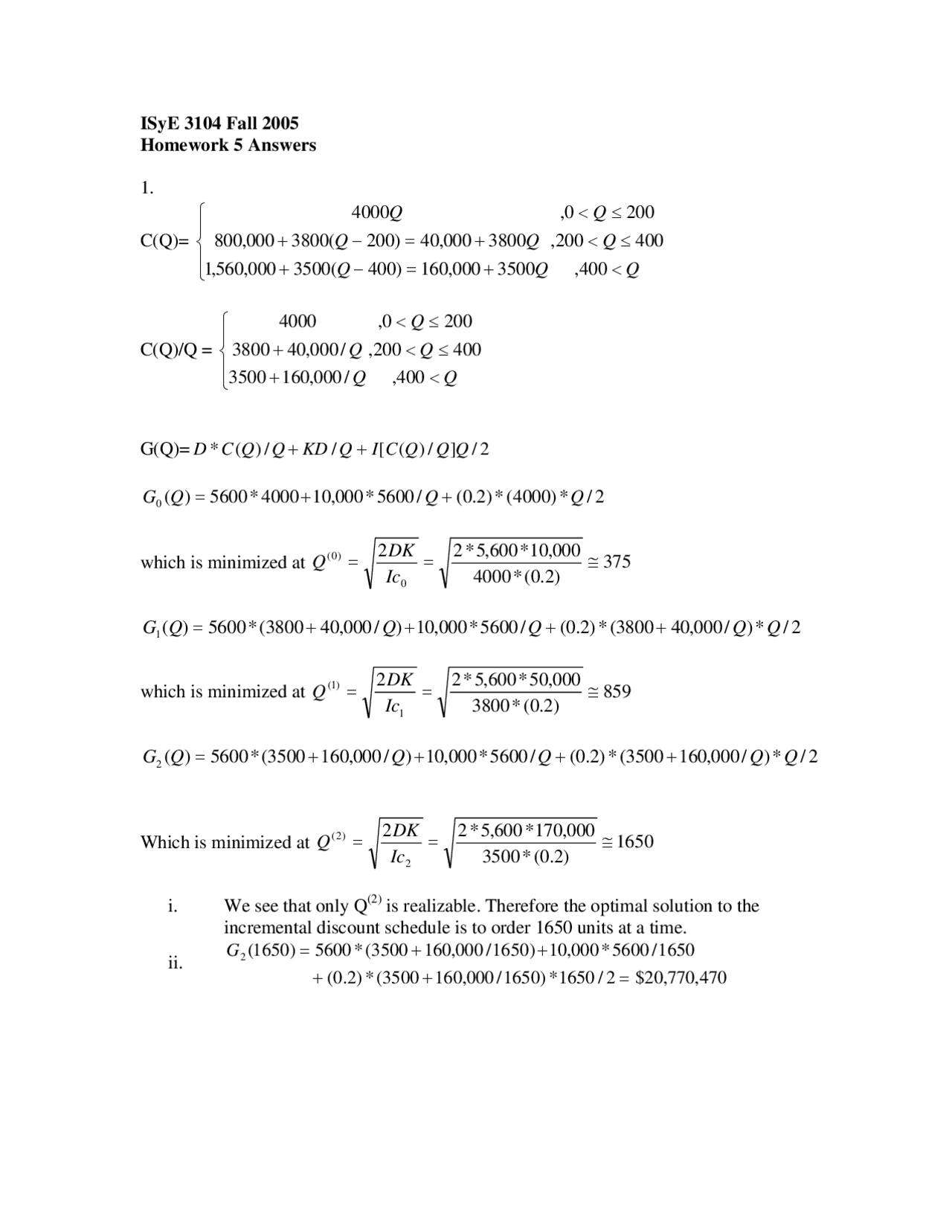Supply Chain Models: Manufacturing and Warehousing - Solved Homework 5 | ISYE 3104 - Docsity